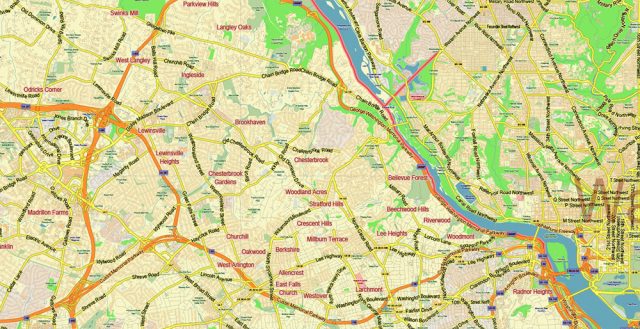Alexandria Virginia + Washington DC US PDF Vector Map: Low Detailed ...