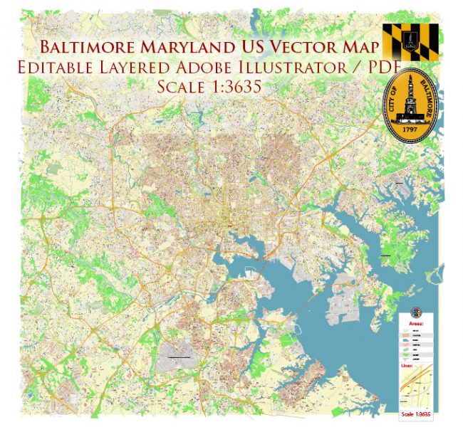 Baltimore Metro Area Maryland US Map Vector Exact High Detailed City ...