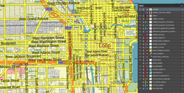 Chicago Illinois Metro Area US PDF Vector Map: Full Extra High Detailed ...