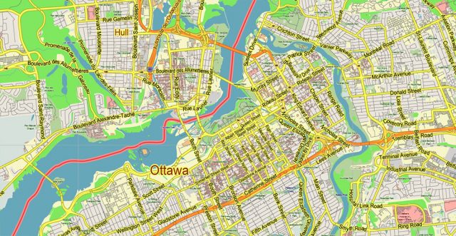 Ottawa Canada Map Vector City Plan Low Detailed (for small print size) Street Map editable Adobe ...