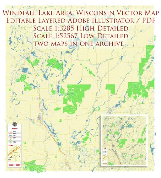 Windfall Lake Area Wisconsin US Map Vector Exact High Detailed + Low ...
