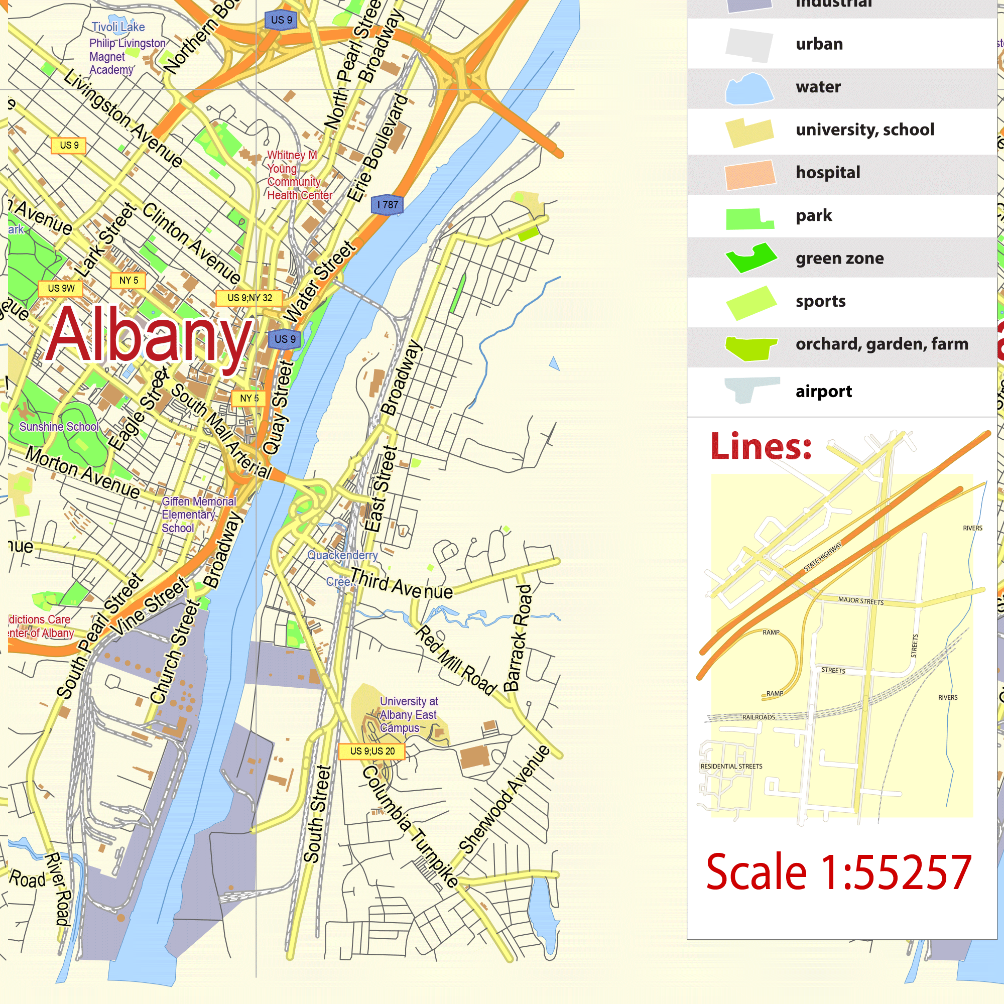 Albany New York US printable vector map – Maps in Vector: Detailed ...