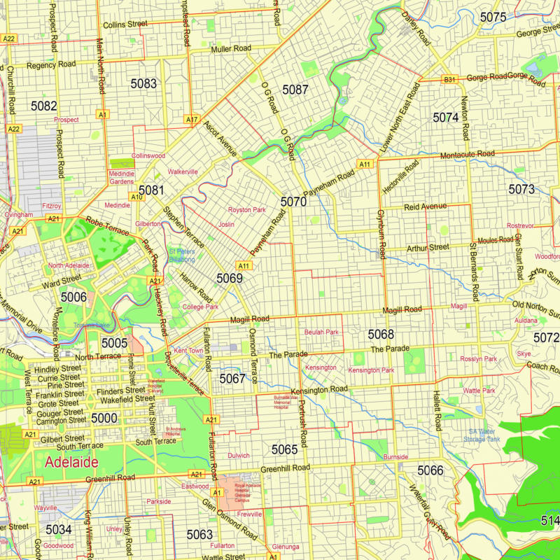 Adelaide Australia printable vector map + Zipcodes – Maps in Vector ...
