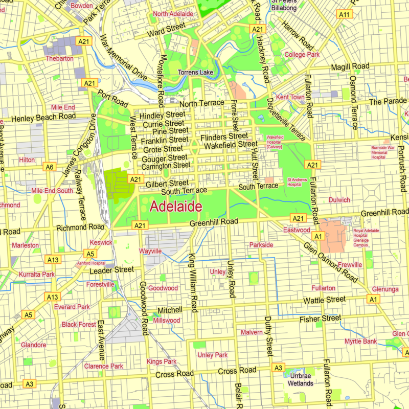 Adelaide Australia printable vector map – Maps in Vector: Detailed ...