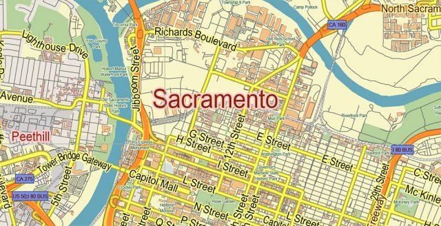 Sacramento California US PDF Map Vector City Plan Low Detailed (for ...