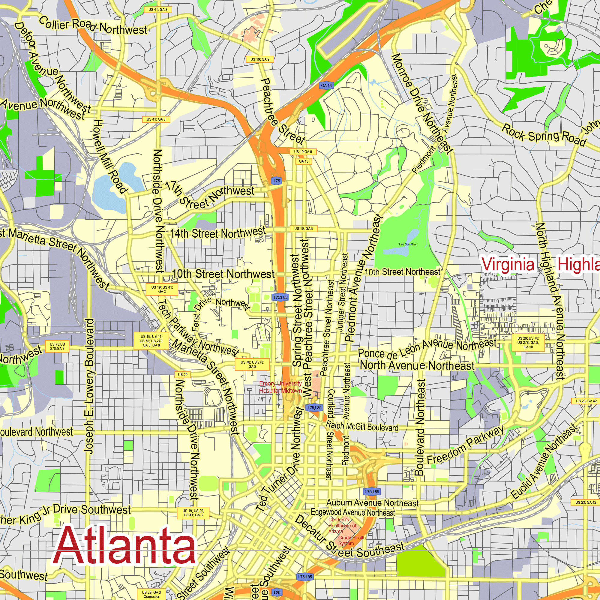 Atlanta Georgia US printable editable PDF layered Vector Map – Maps in ...