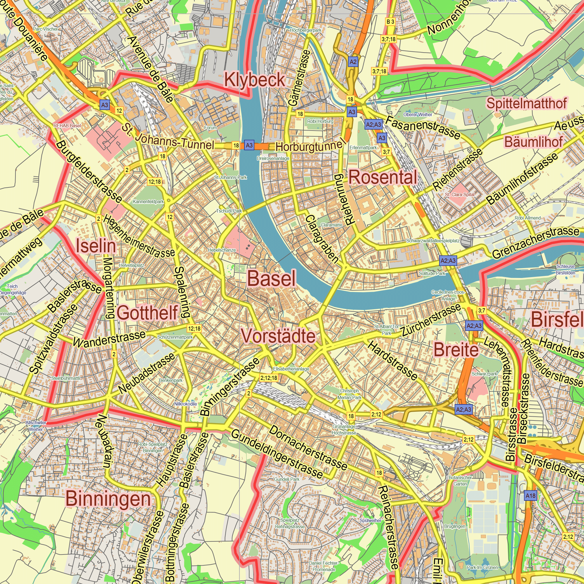 Basel Switzerland printable editable layered PDF Vector Map