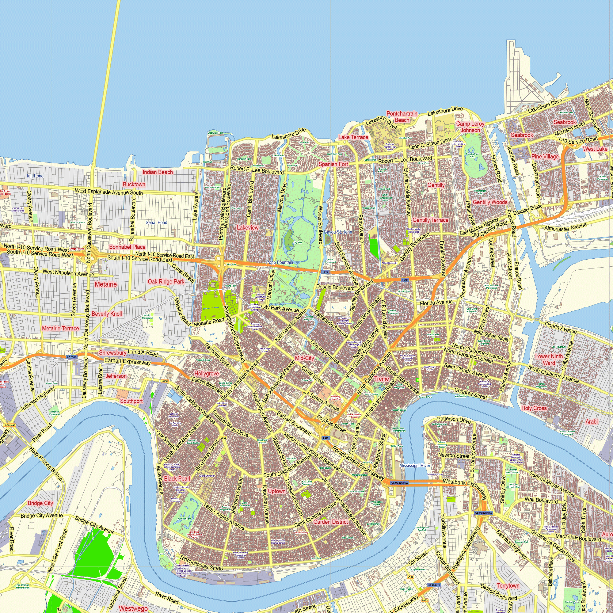 Baton Rouge New Orleans Louisiana US printable editable PDF layered ...