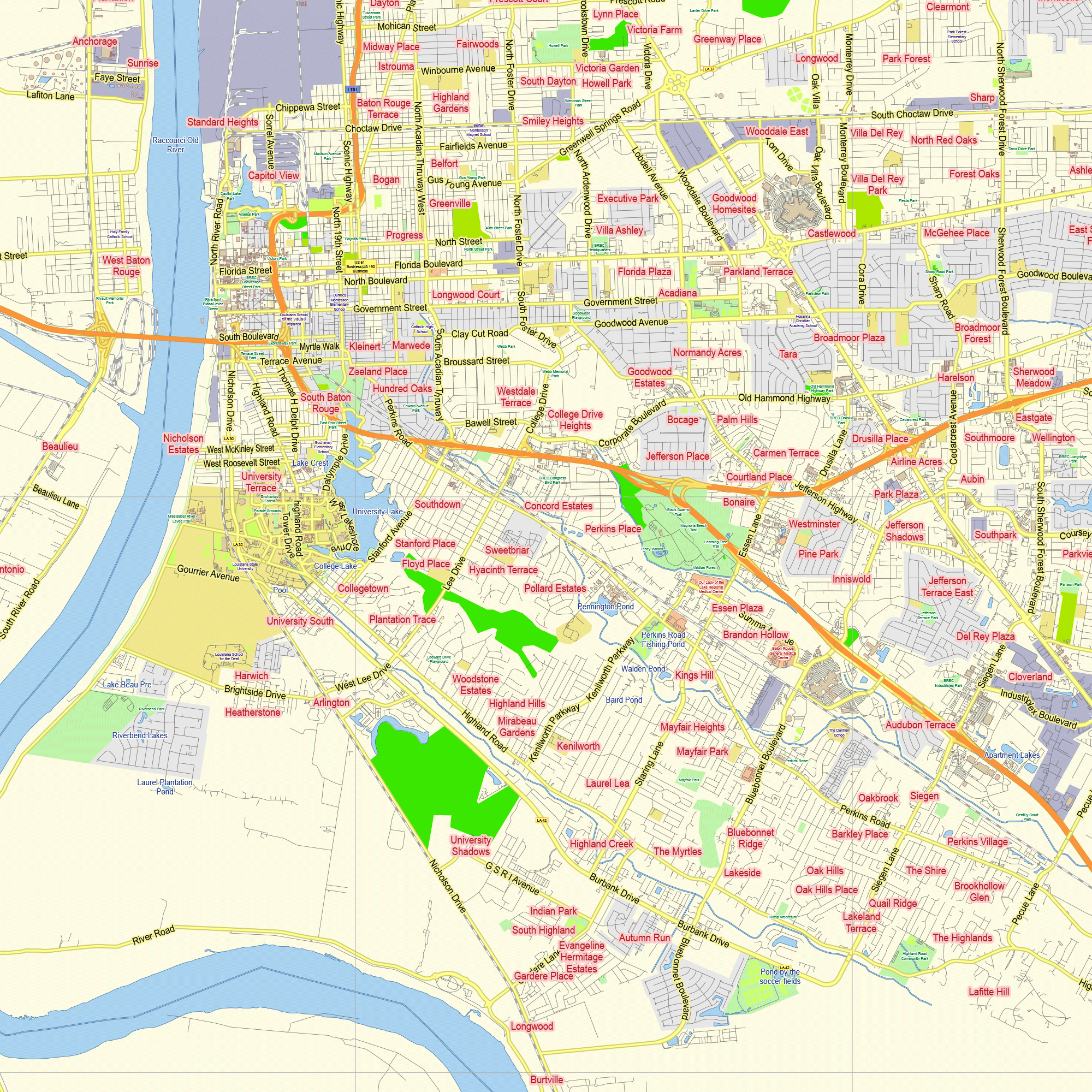 Baton Rouge New Orleans Louisiana US printable editable PDF layered ...