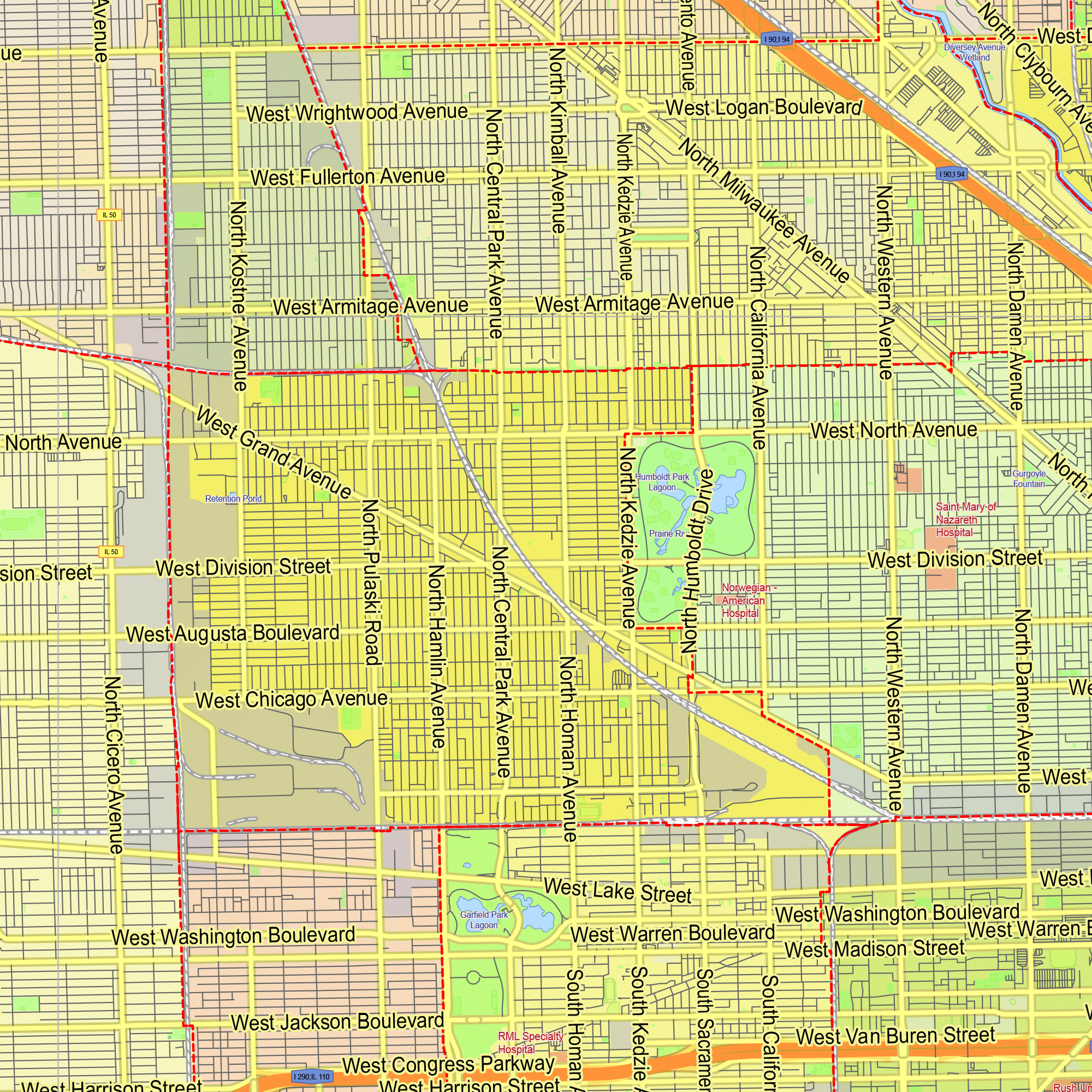 Chicago Illinois US printable editable layered PDF Vector Map