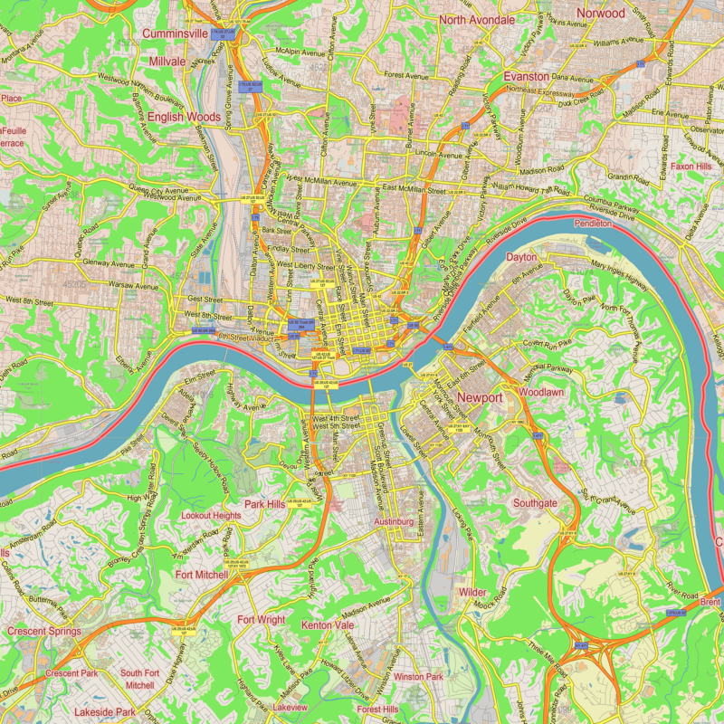 Cincinnati Ohio US printable editable layered PDF Vector Map – Maps in ...