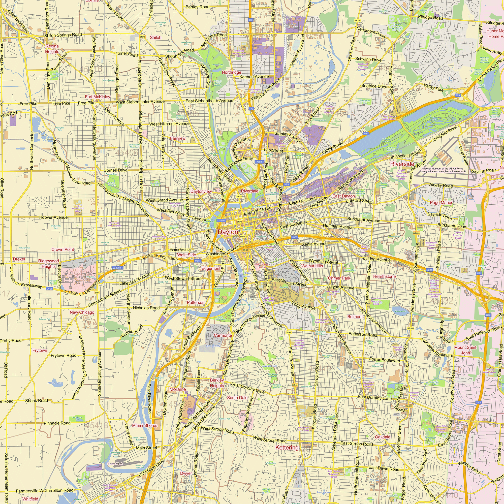 Dayton Springfield Ohio US printable editable layered PDF Vector Map ...