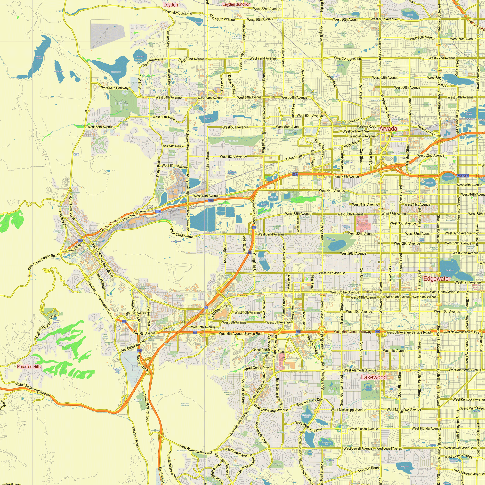 Denver Boulder Colorado US printable editable layered PDF Vector Map ...