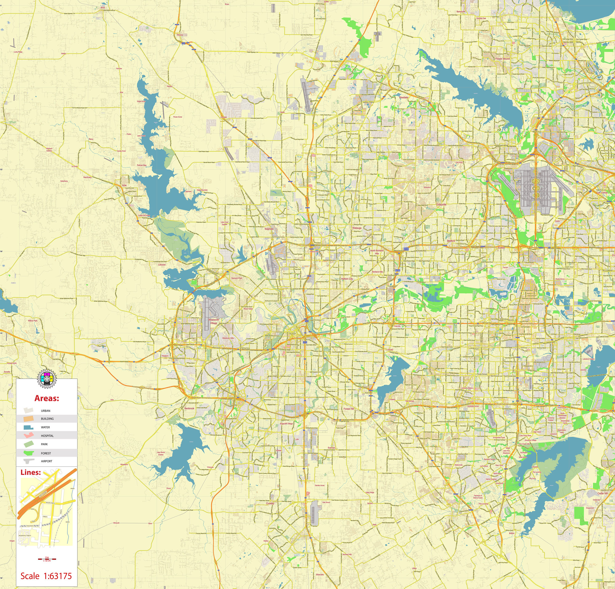 Fort Worth Texas US printable editable layered PDF Vector Map
