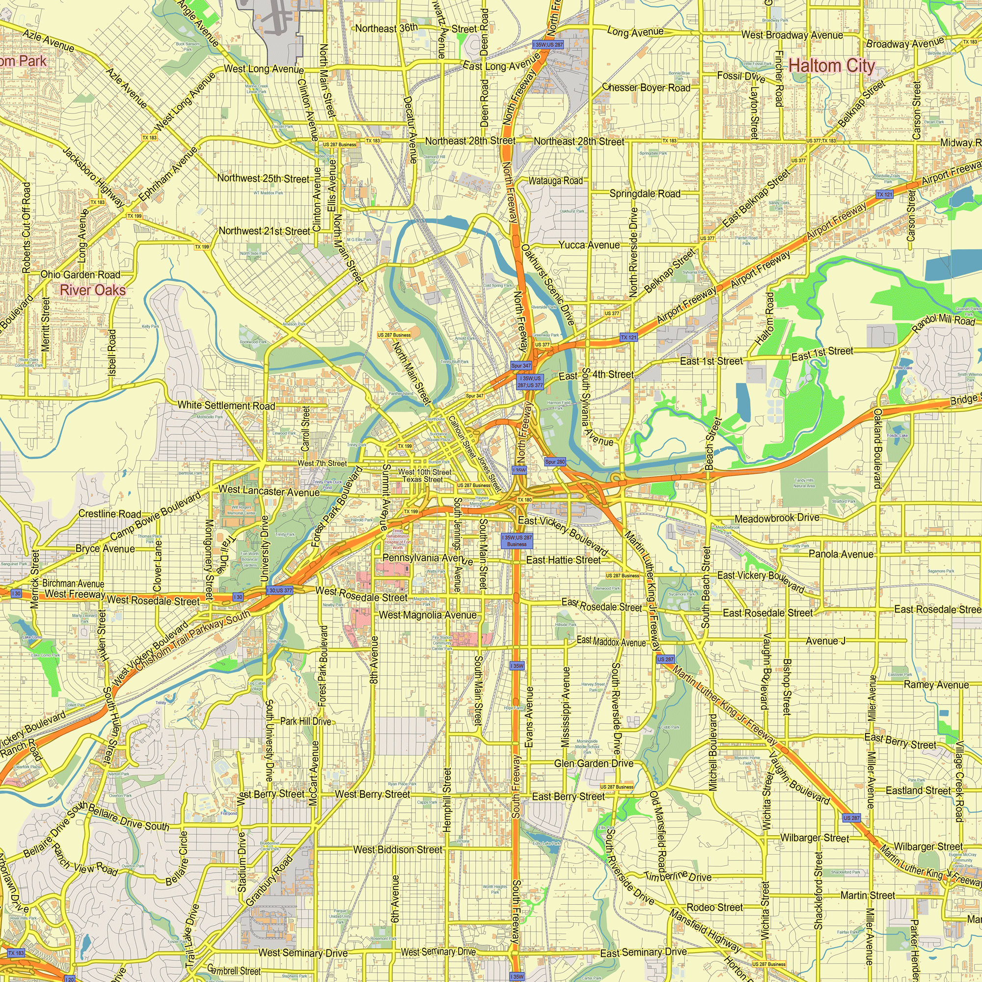 Fort Worth Texas US printable editable layered PDF Vector Map