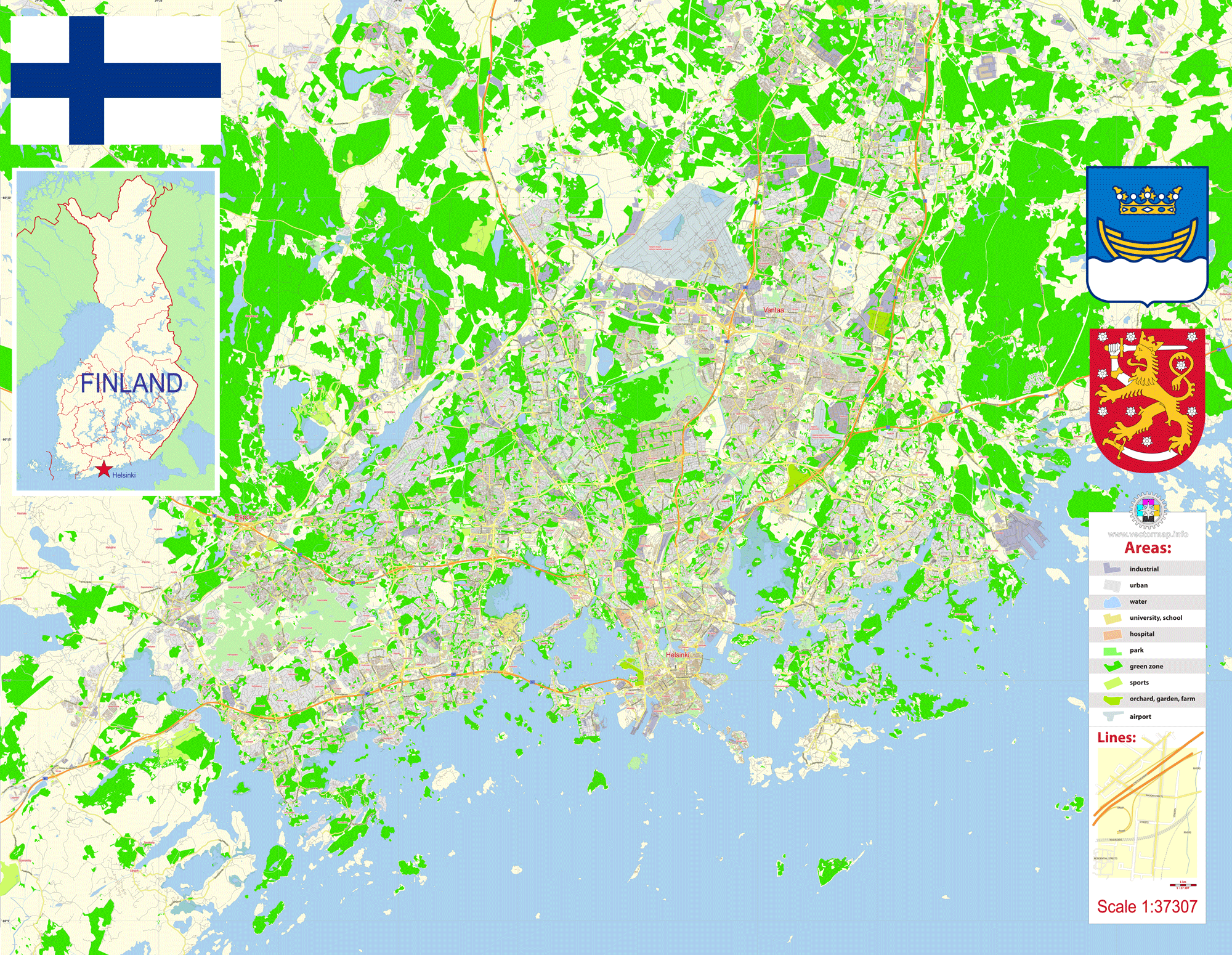 Helsinki Finland printable editable layered PDF Vector Map