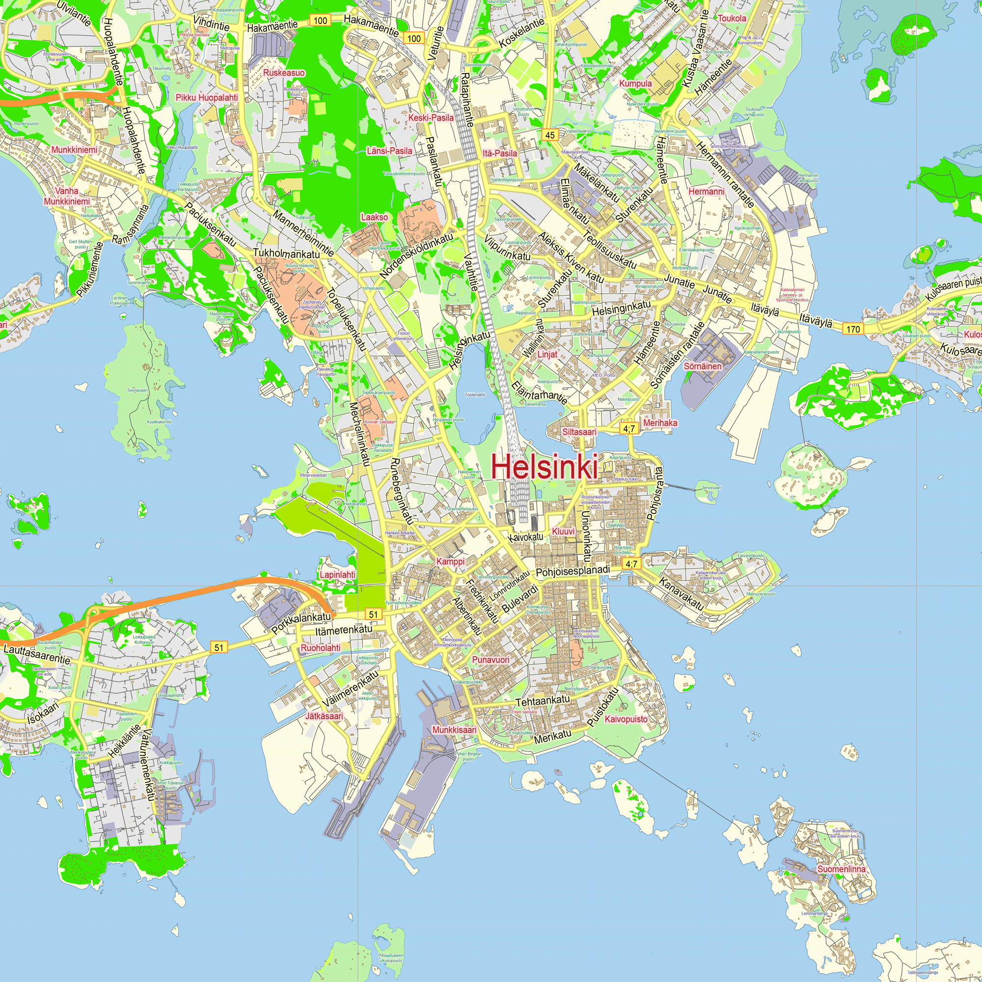 Helsinki Finland printable editable layered PDF Vector Map