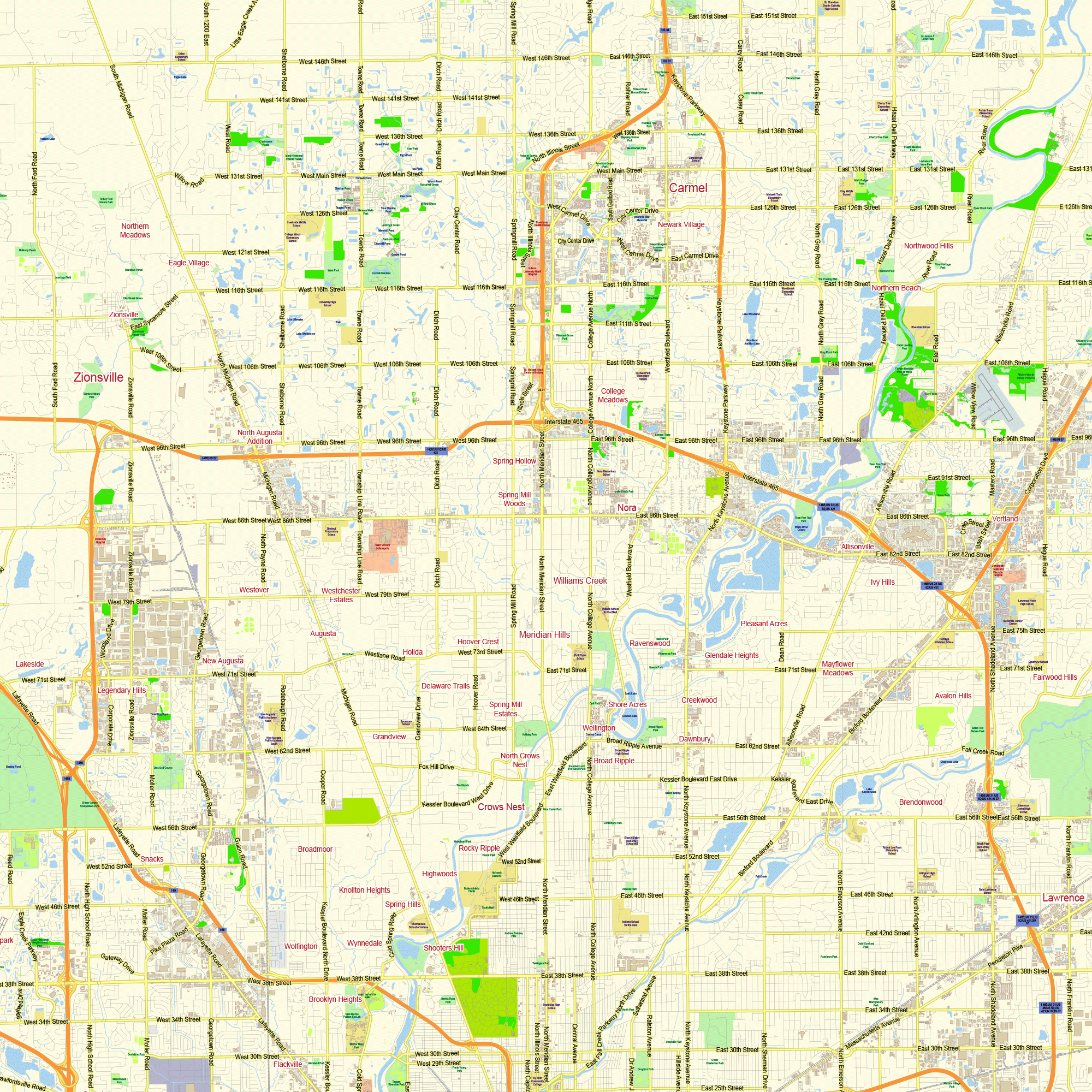 Indianapolis Indiana US printable editable layered PDF Vector Map v.2 ...