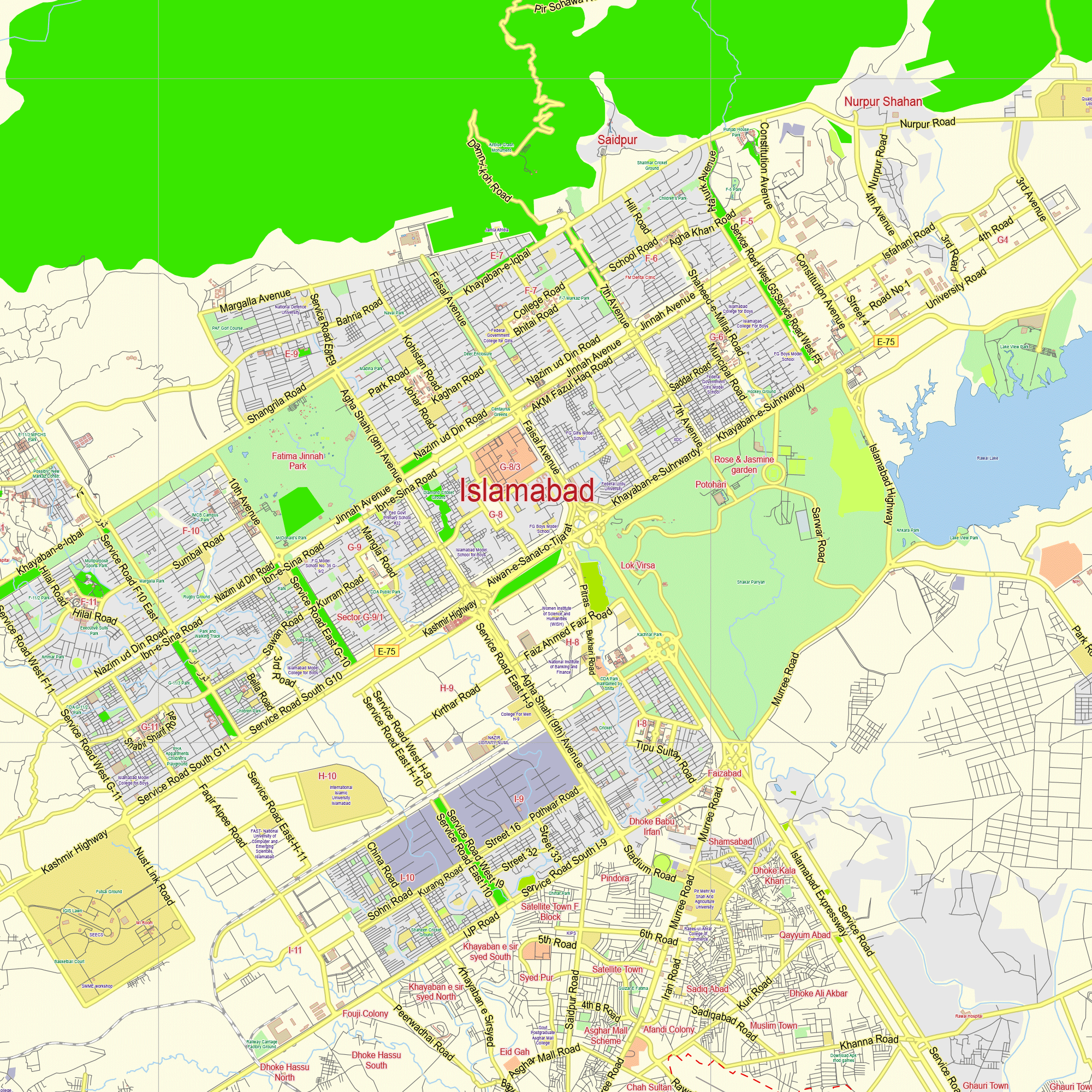 Islamabad Rawalpindi Pakistan printable editable layered PDF Vector Map ...