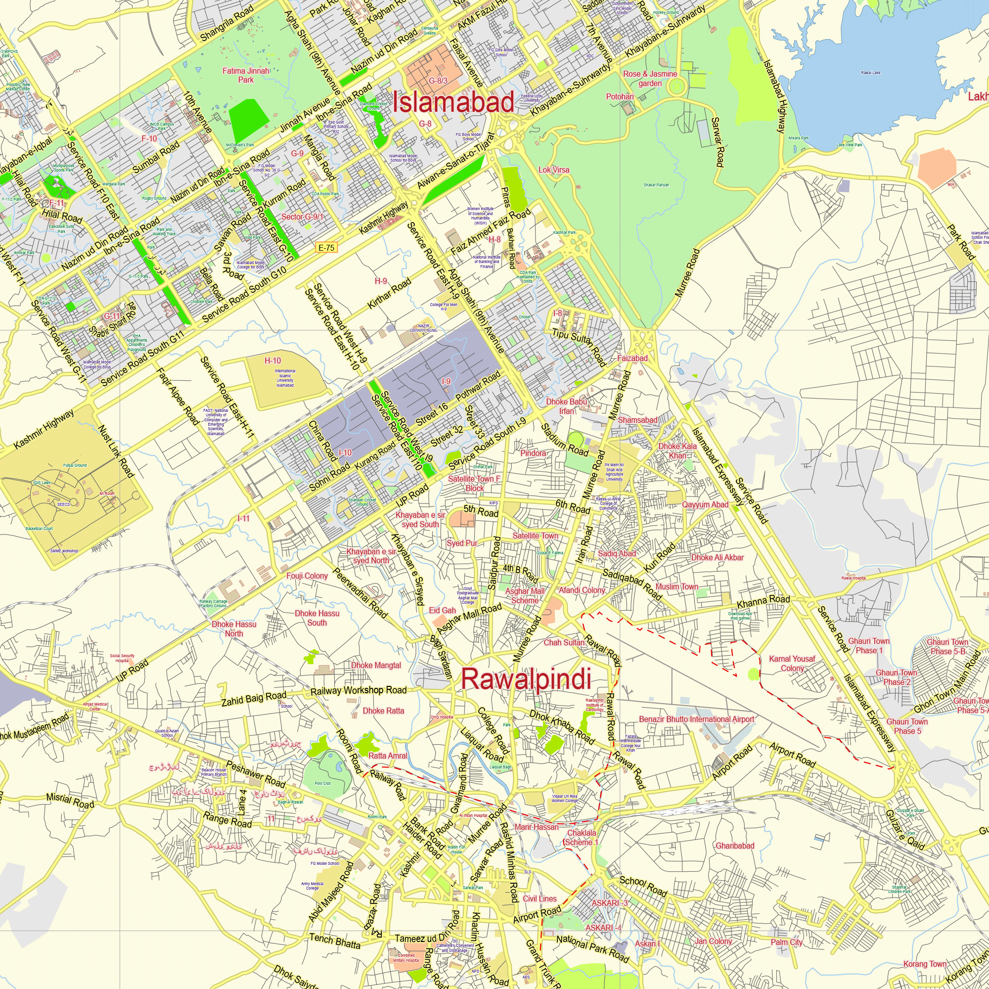 Islamabad Rawalpindi Pakistan printable editable layered PDF Vector Map ...