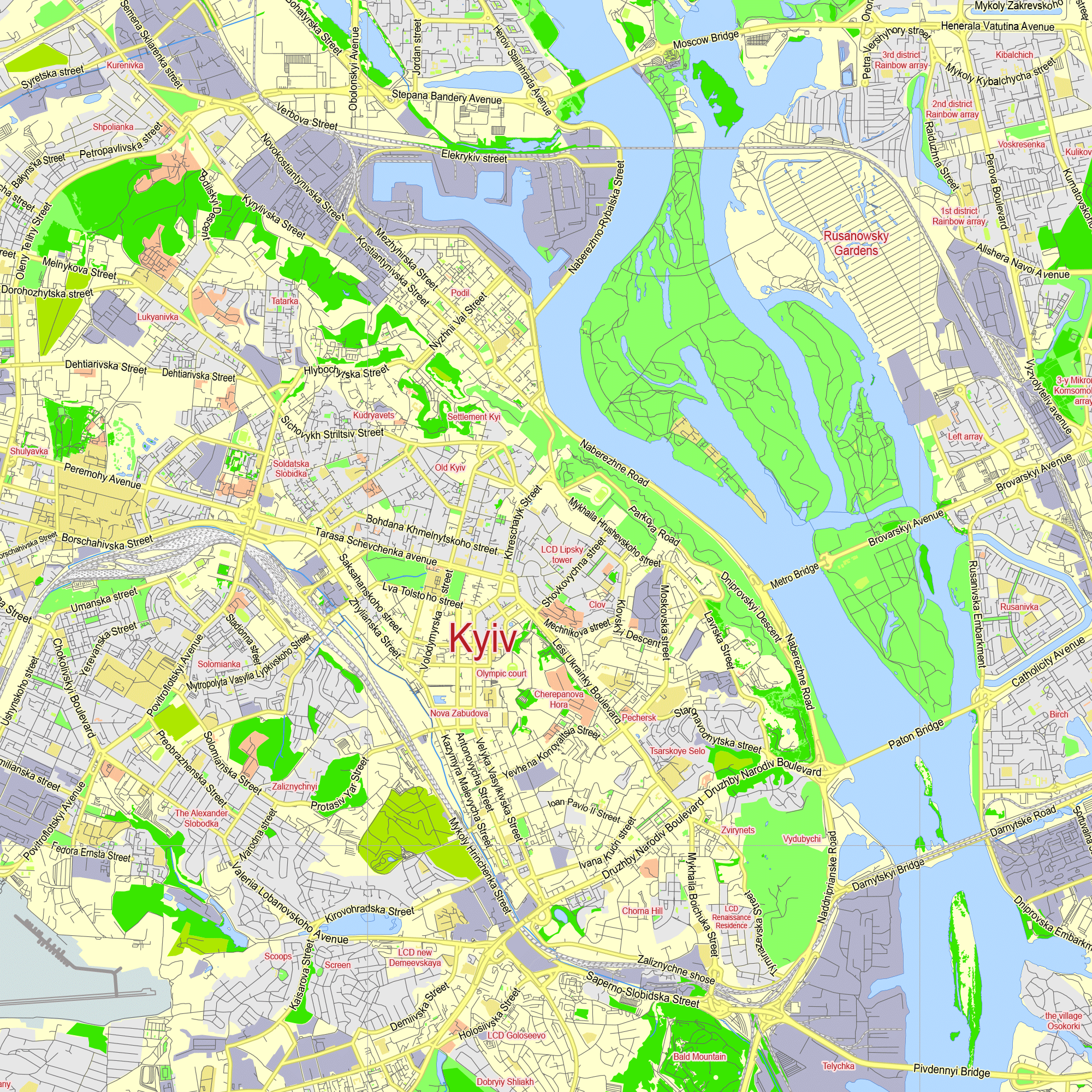 Kiev Ukraine English printable editable layered PDF Vector Map