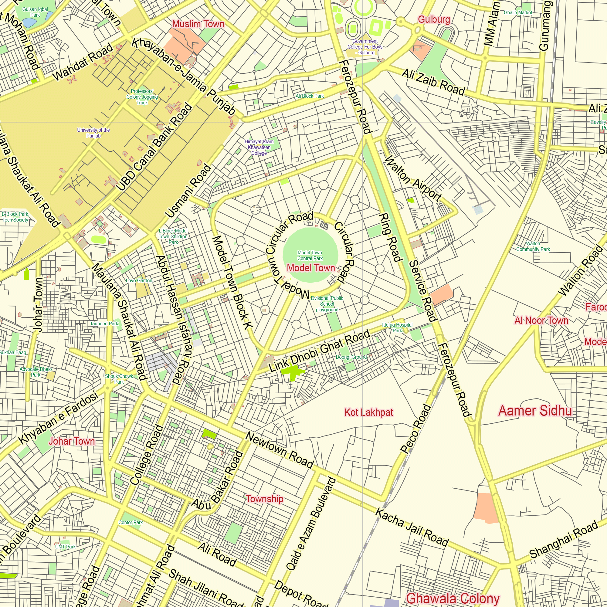 Lahore Pakistan printable editable layered PDF Vector Map – Maps in Vector: Detailed Street Maps ...