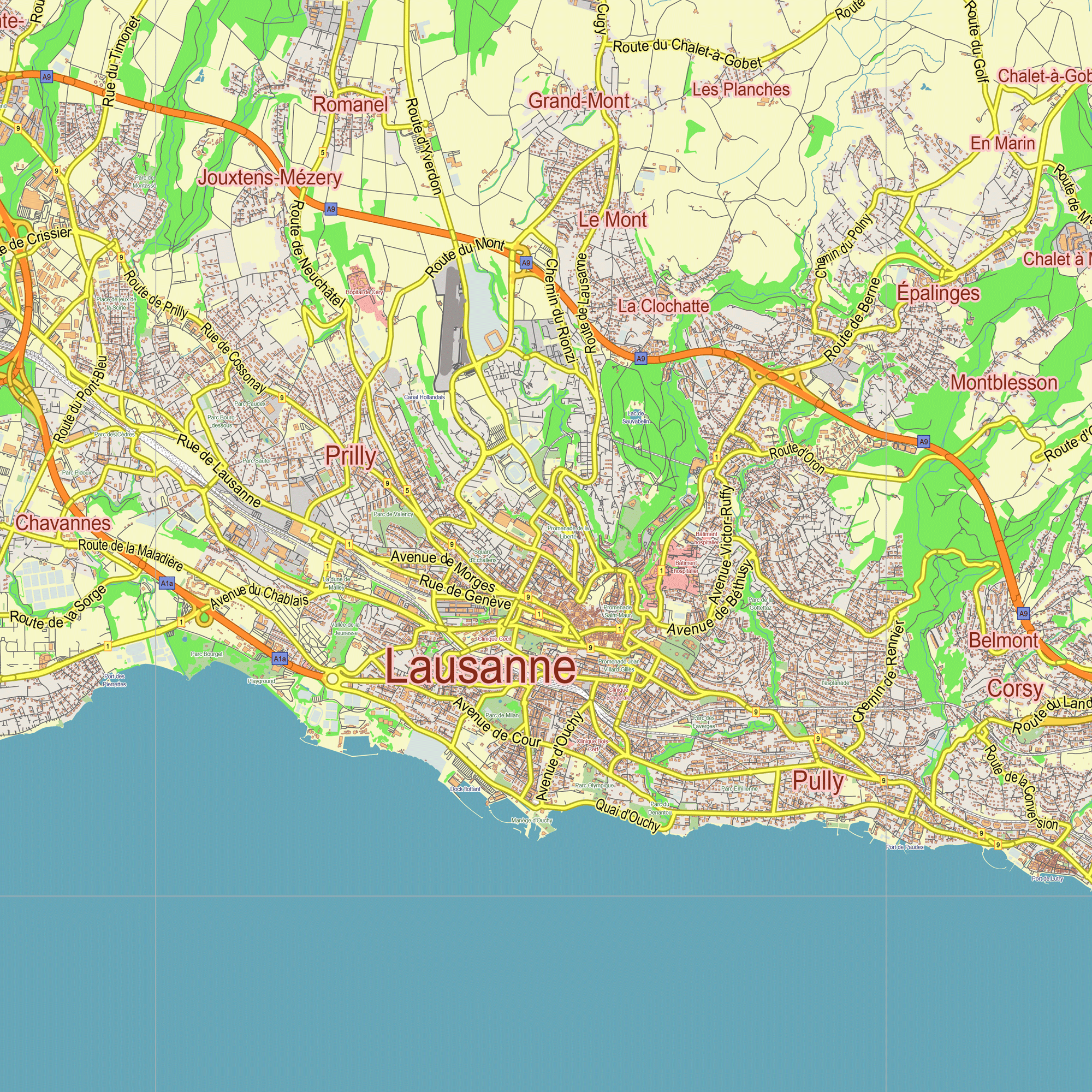 Lausanne Switzerland printable editable layered PDF Vector Map