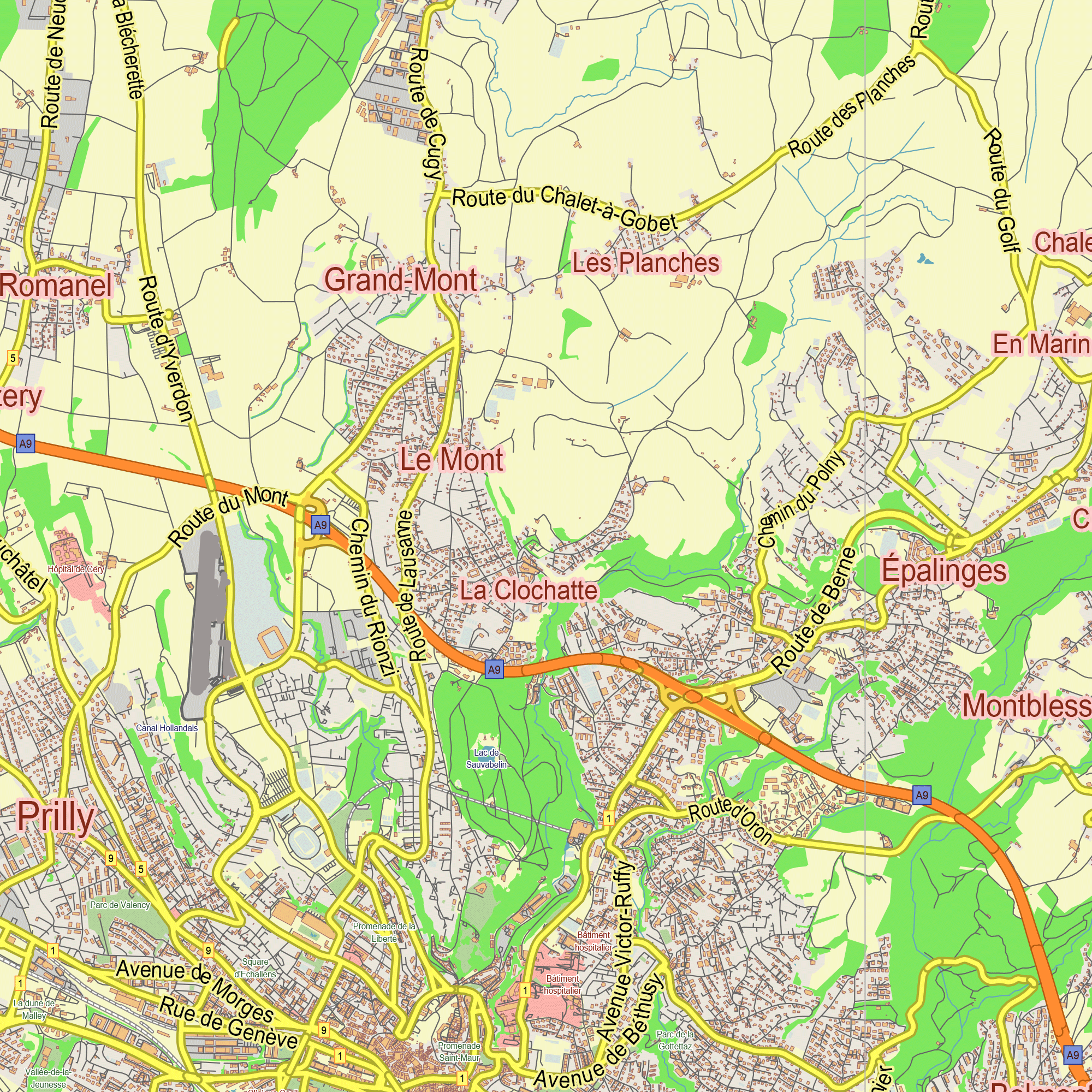 Lausanne Switzerland printable editable layered PDF Vector Map