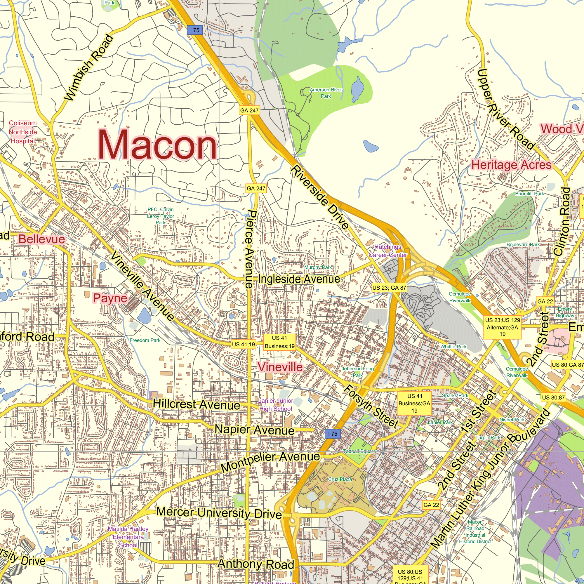 Macon Georgia US printable editable layered PDF Vector Map – Maps in ...