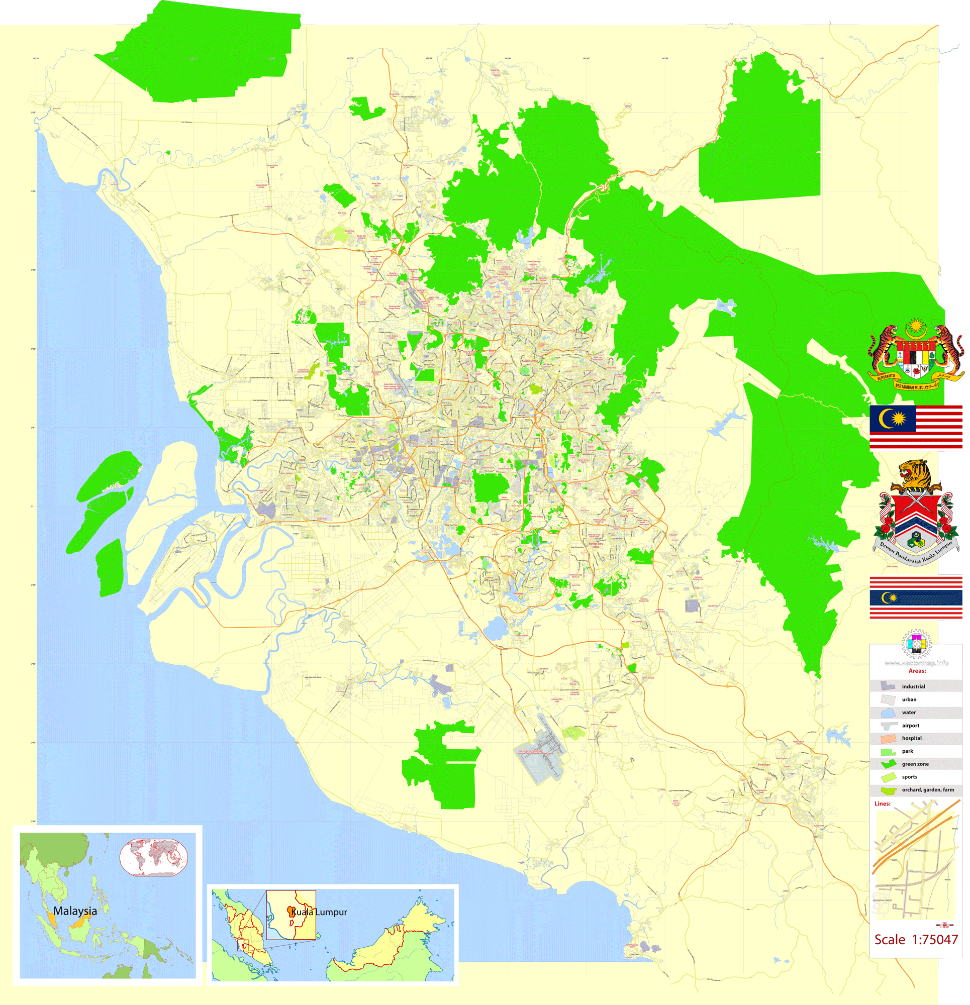 Kuala Lumpur Malaysia printable editable layered PDF Vector Map