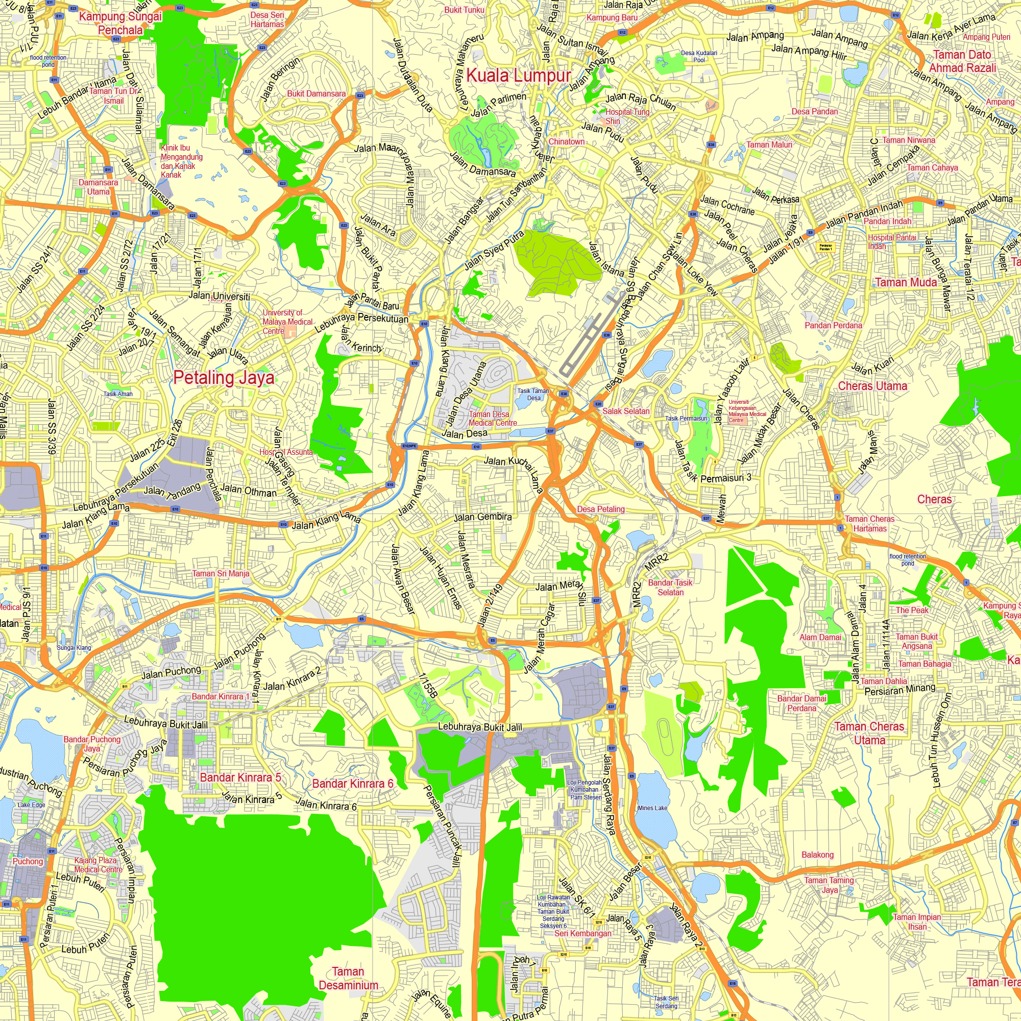 Kuala Lumpur Malaysia printable editable layered PDF Vector Map – Maps ...
