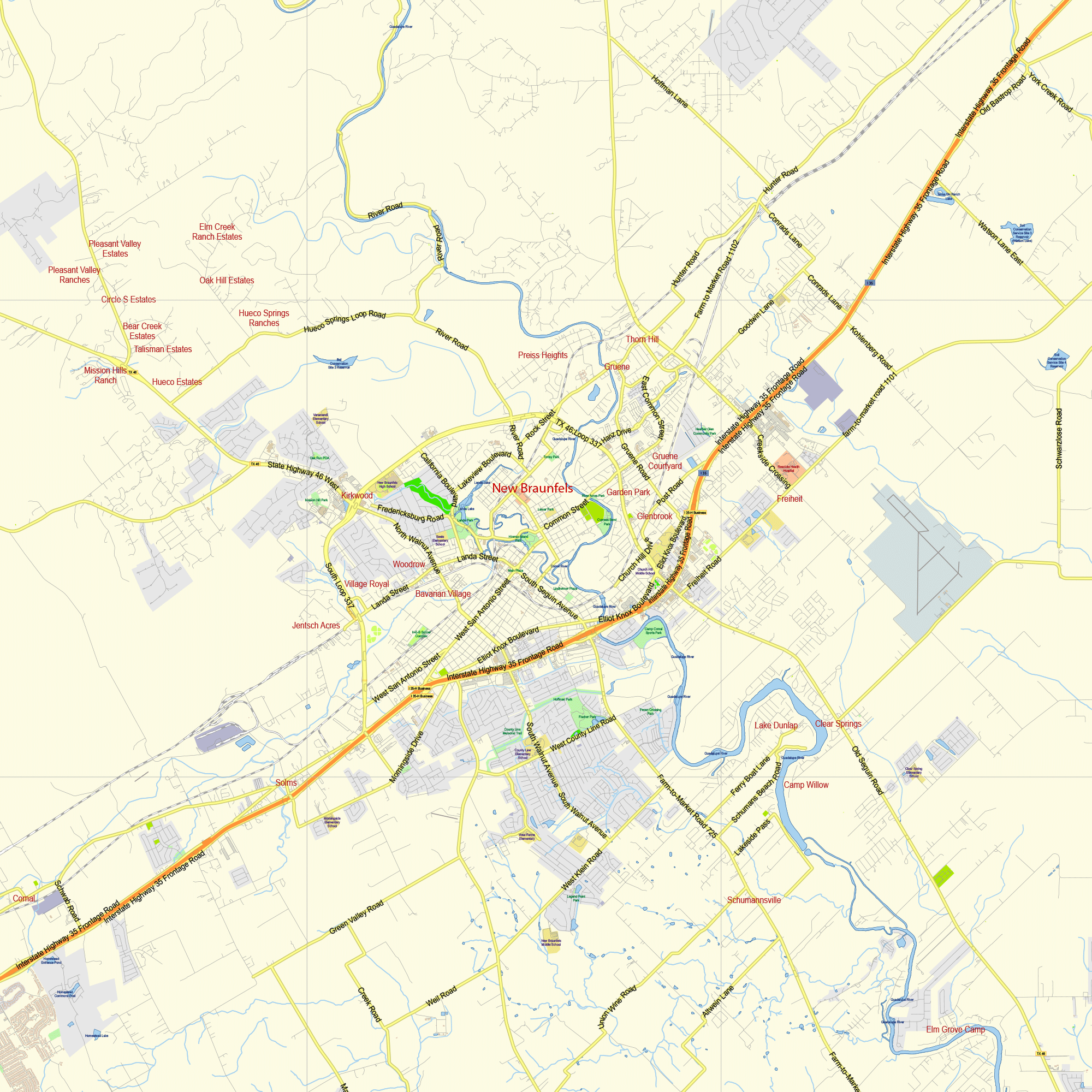 New Braunfels Texas US editable layered PDF Vector Map – Maps in Vector ...
