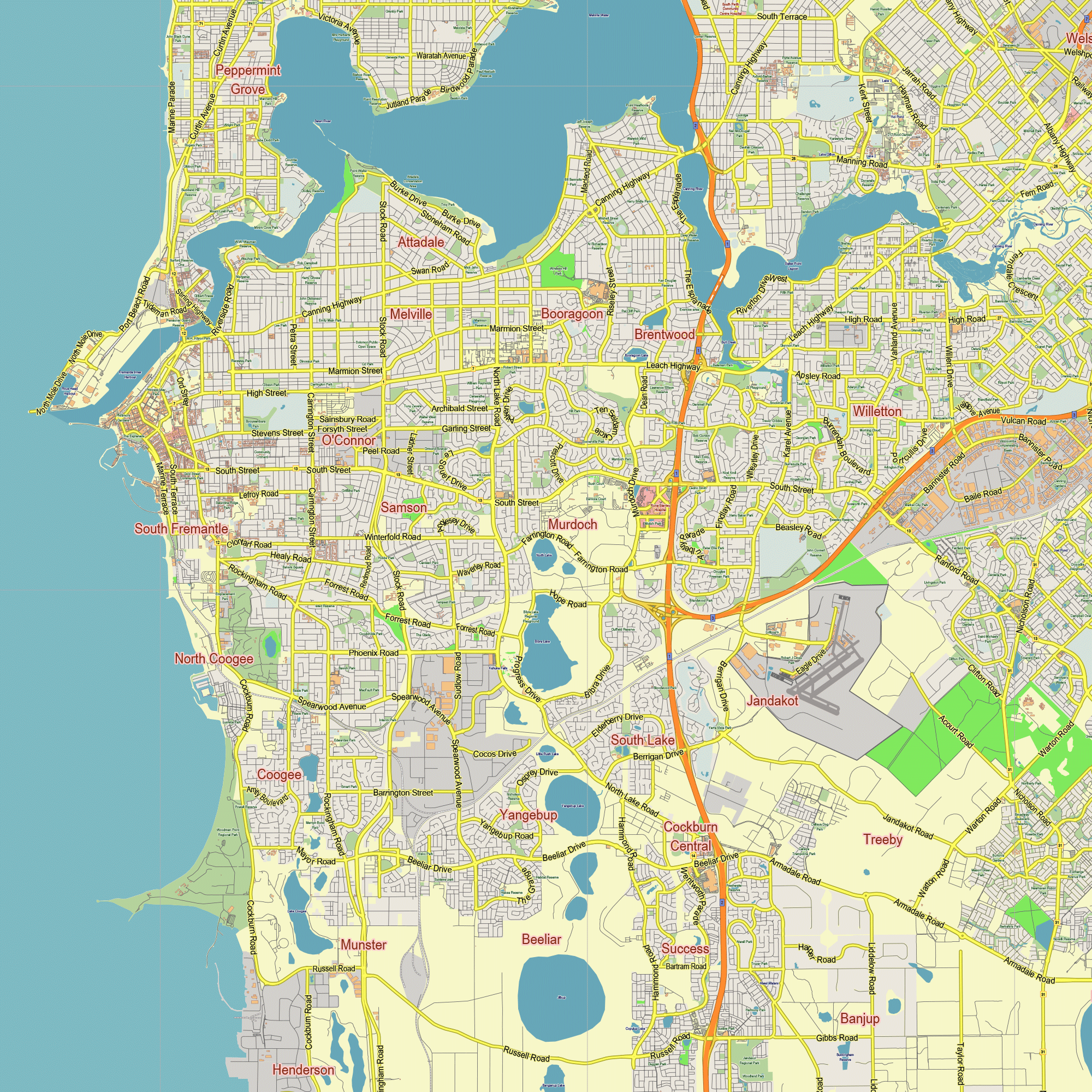 Perth Australia editable layered PDF Vector Map