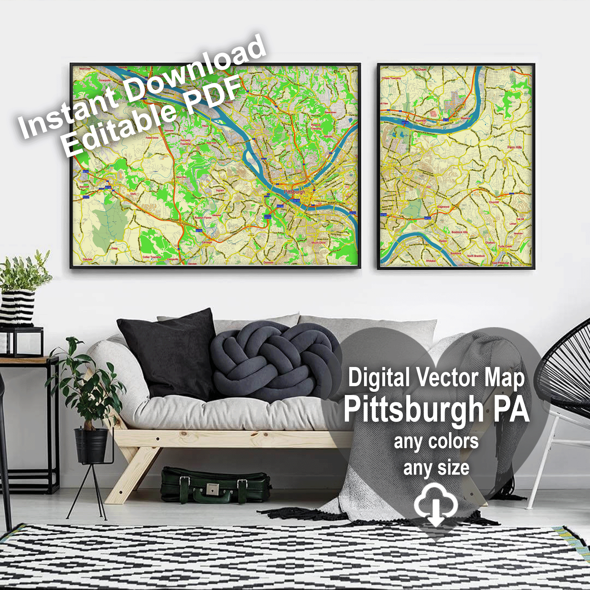 Pittsburgh Pennsylvania Zipcodes US editable layered PDF Vector Map ...