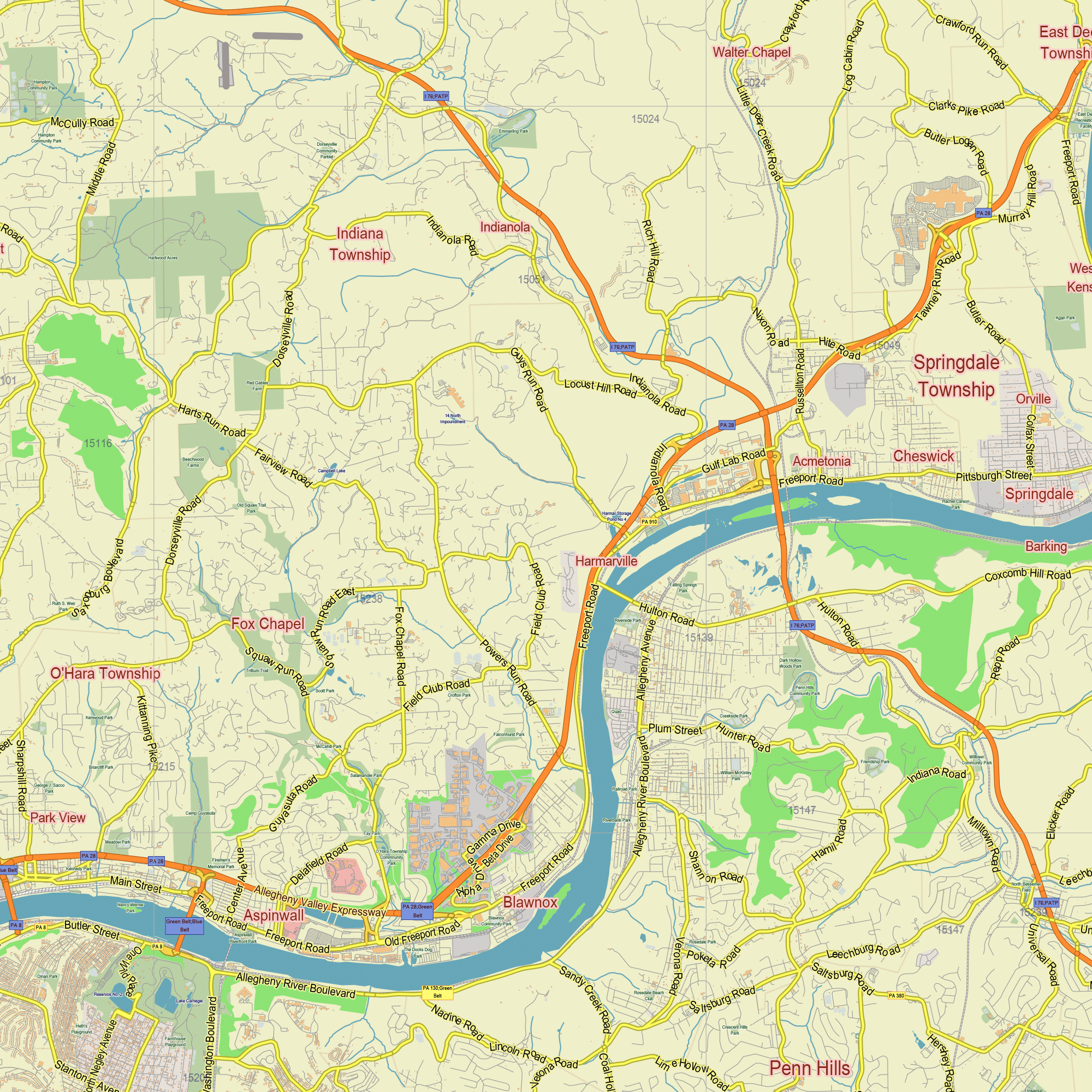 Pittsburgh Pennsylvania Zipcodes US editable layered PDF Vector Map ...