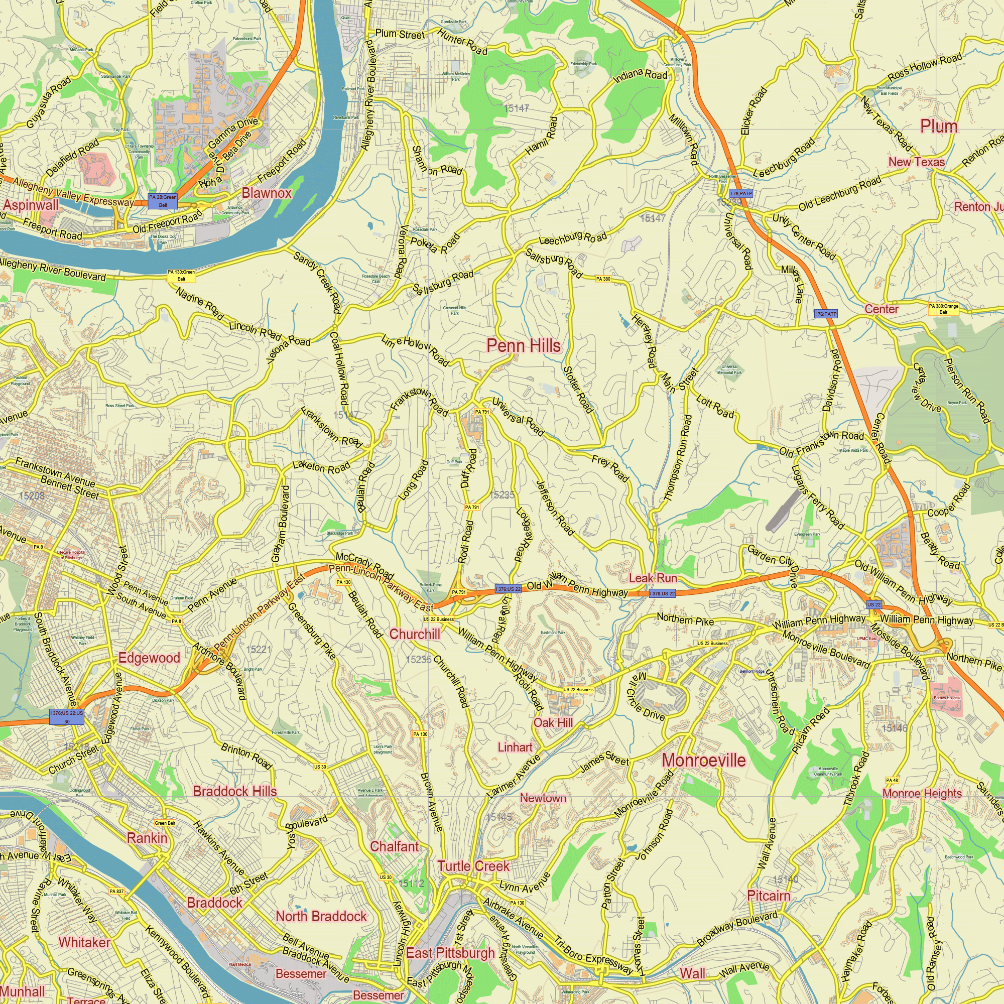 Pittsburgh Pennsylvania Zipcodes US editable layered PDF Vector Map ...