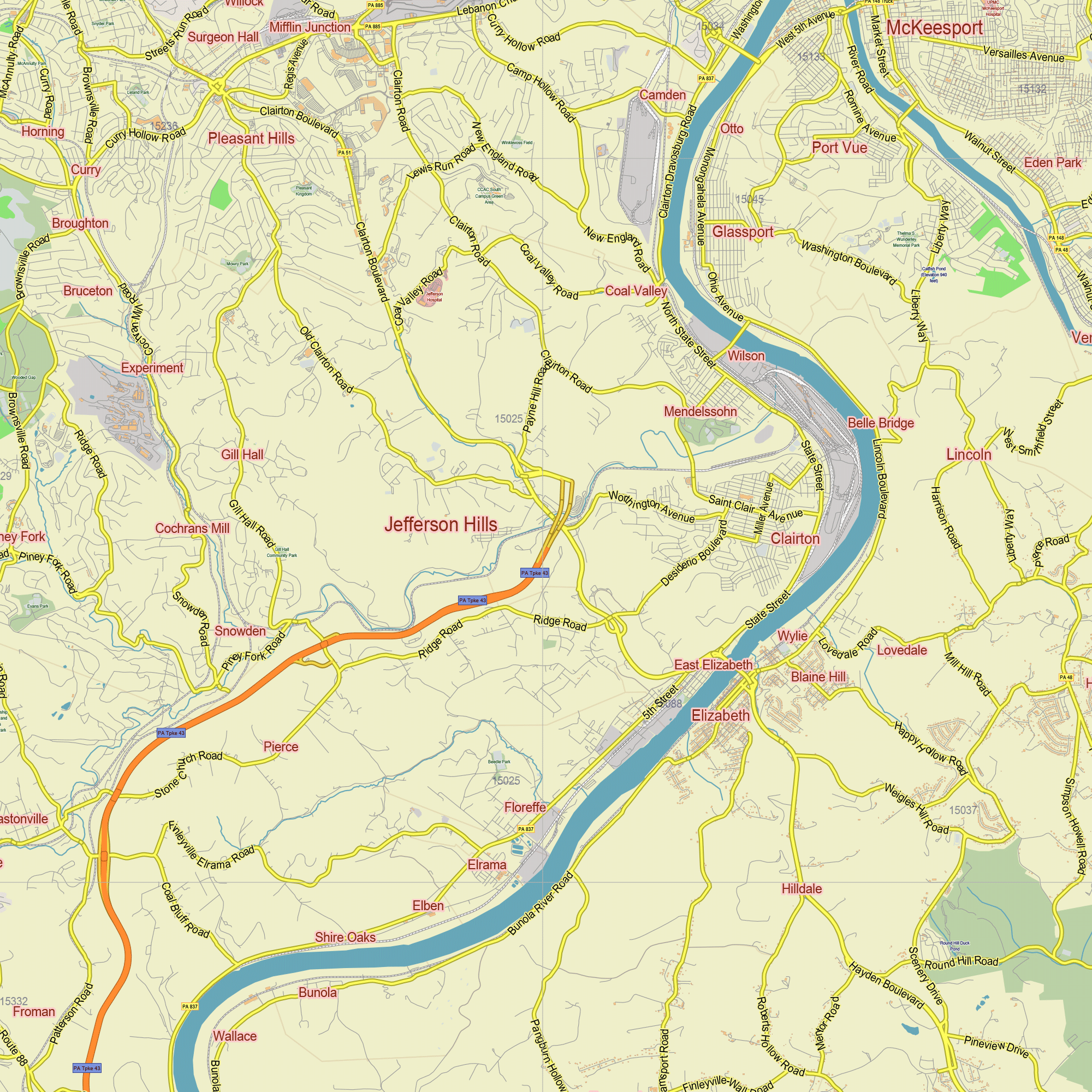 Pittsburgh Pennsylvania Zipcodes US editable layered PDF Vector Map ...