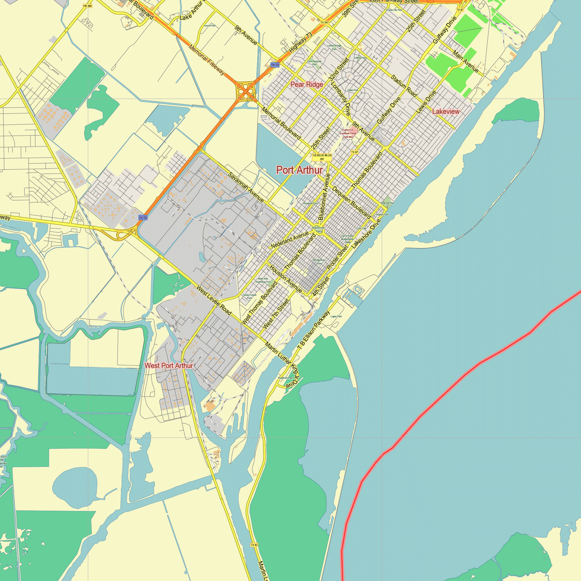 Port Arthur Texas US editable layered PDF Vector Map