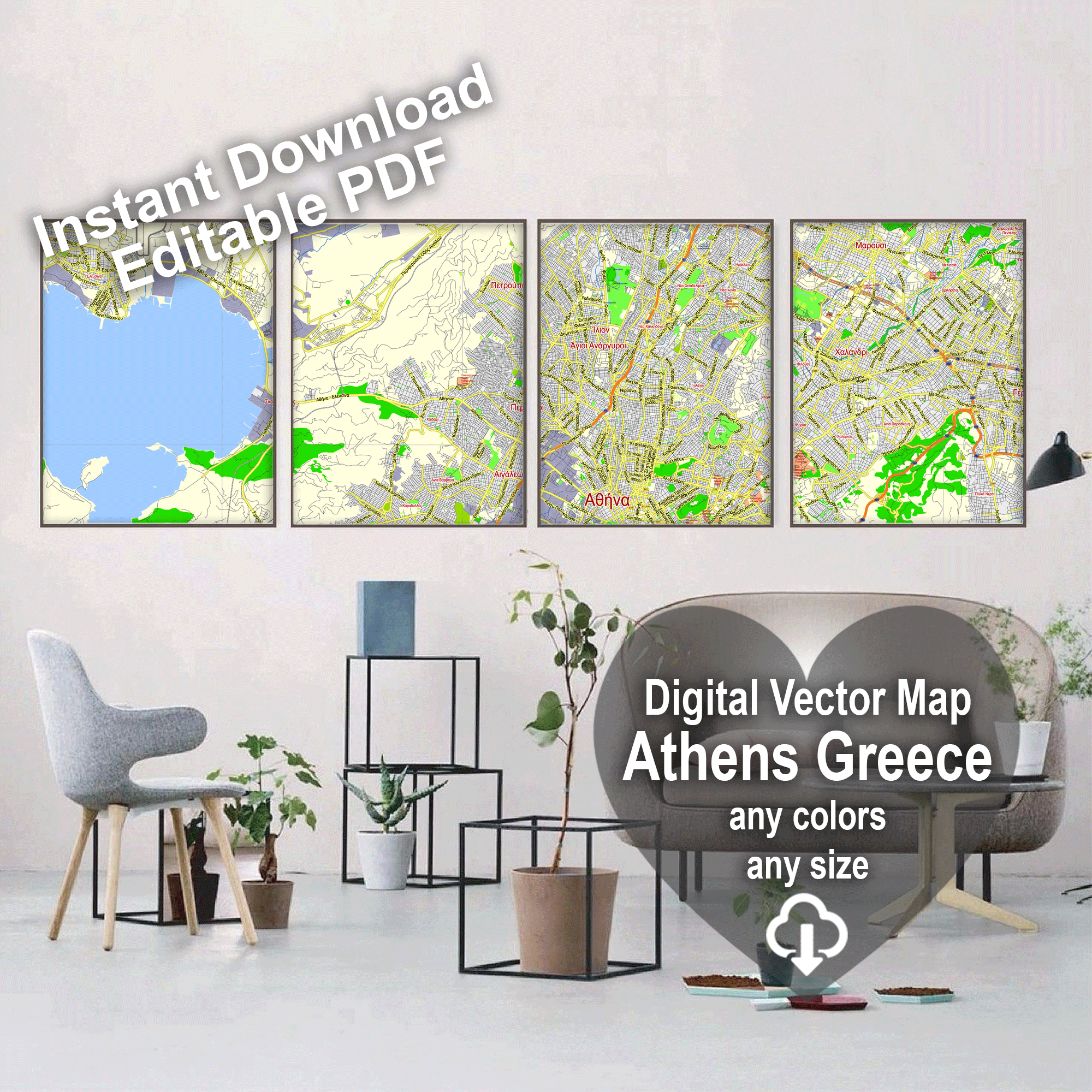 Athens Greece printable editable PDF layered Vector Map