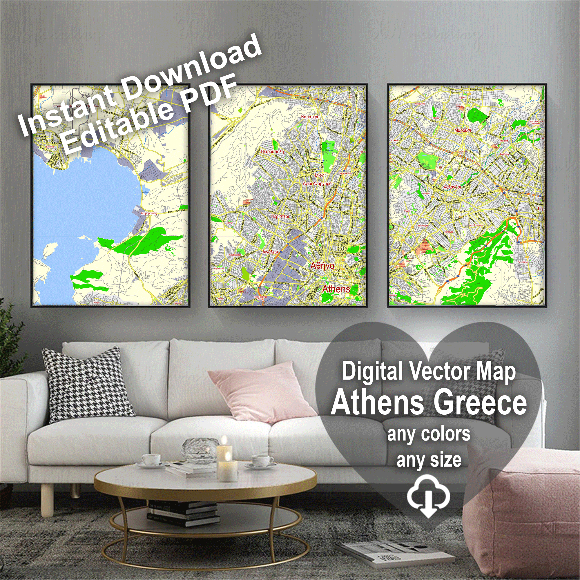 Athens Greece printable editable PDF layered Vector Map