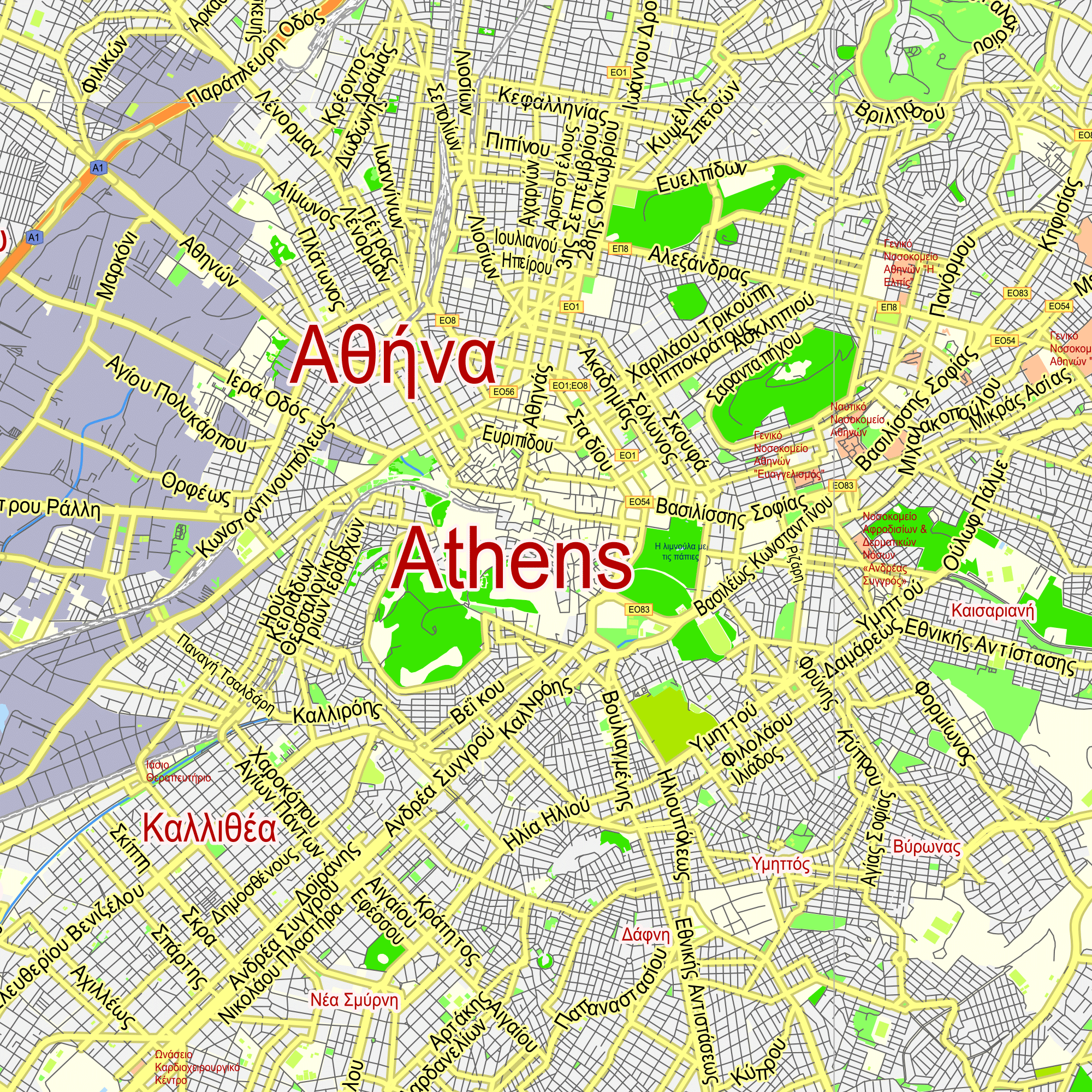 Athens Greece printable editable PDF layered Vector Map