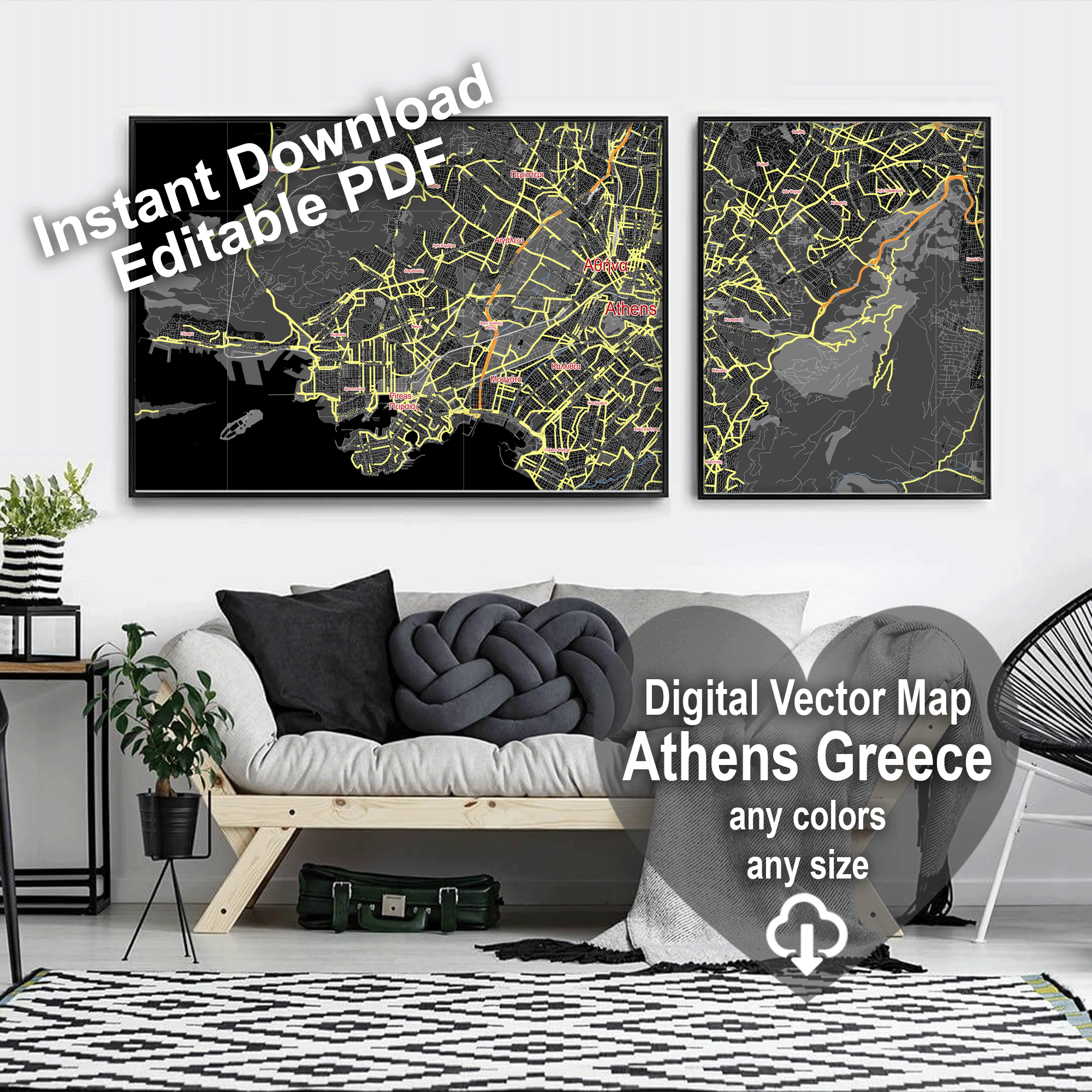 Athens Greece printable editable PDF layered Vector Map BW – Maps in ...