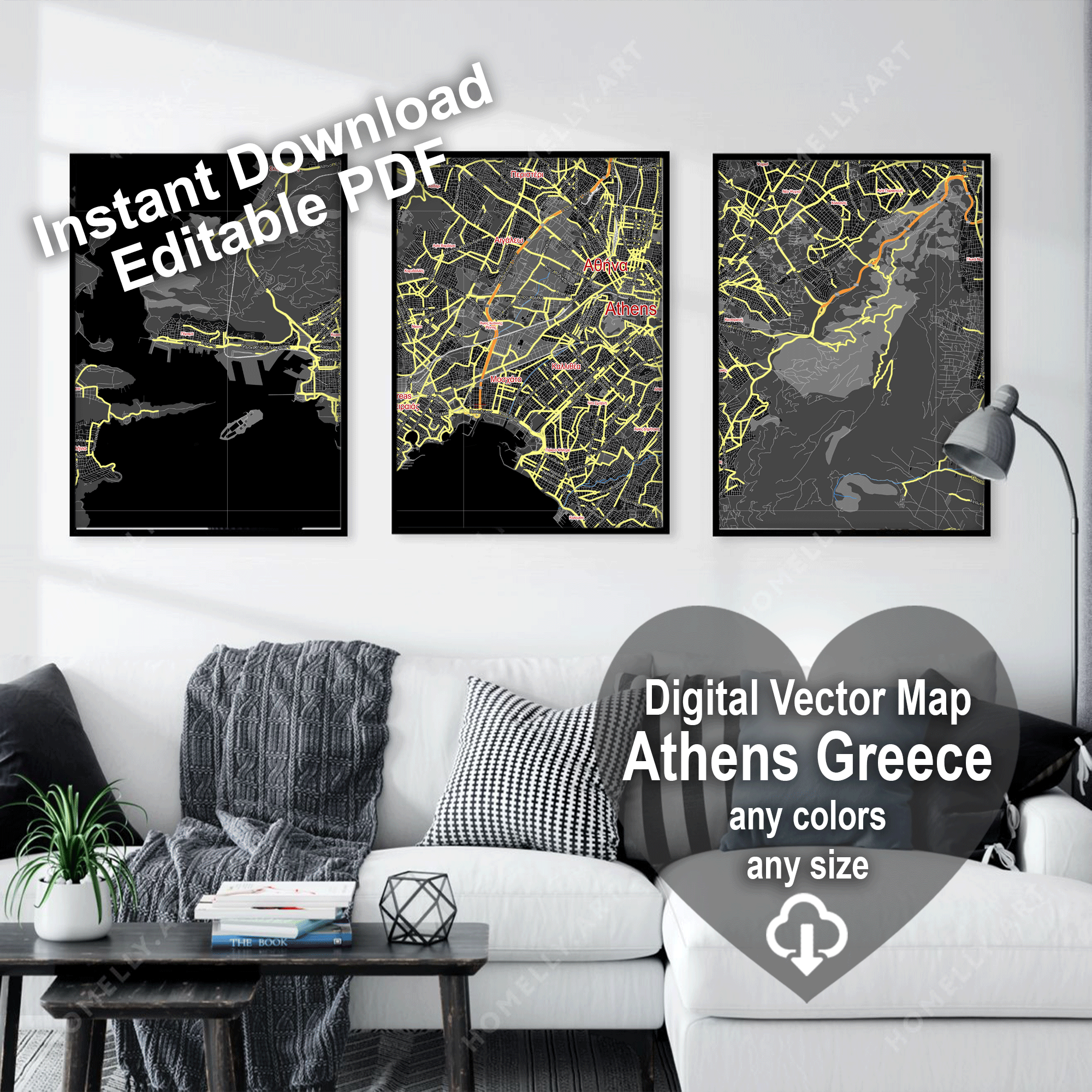 Athens Greece printable editable PDF layered Vector Map BW – Maps in ...