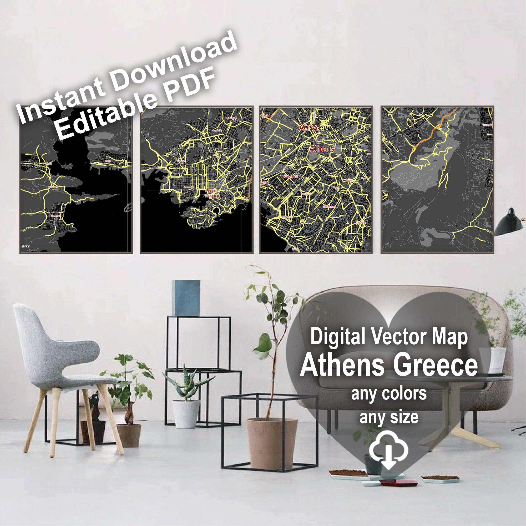 Athens Greece printable editable PDF layered Vector Map BW – Maps in ...
