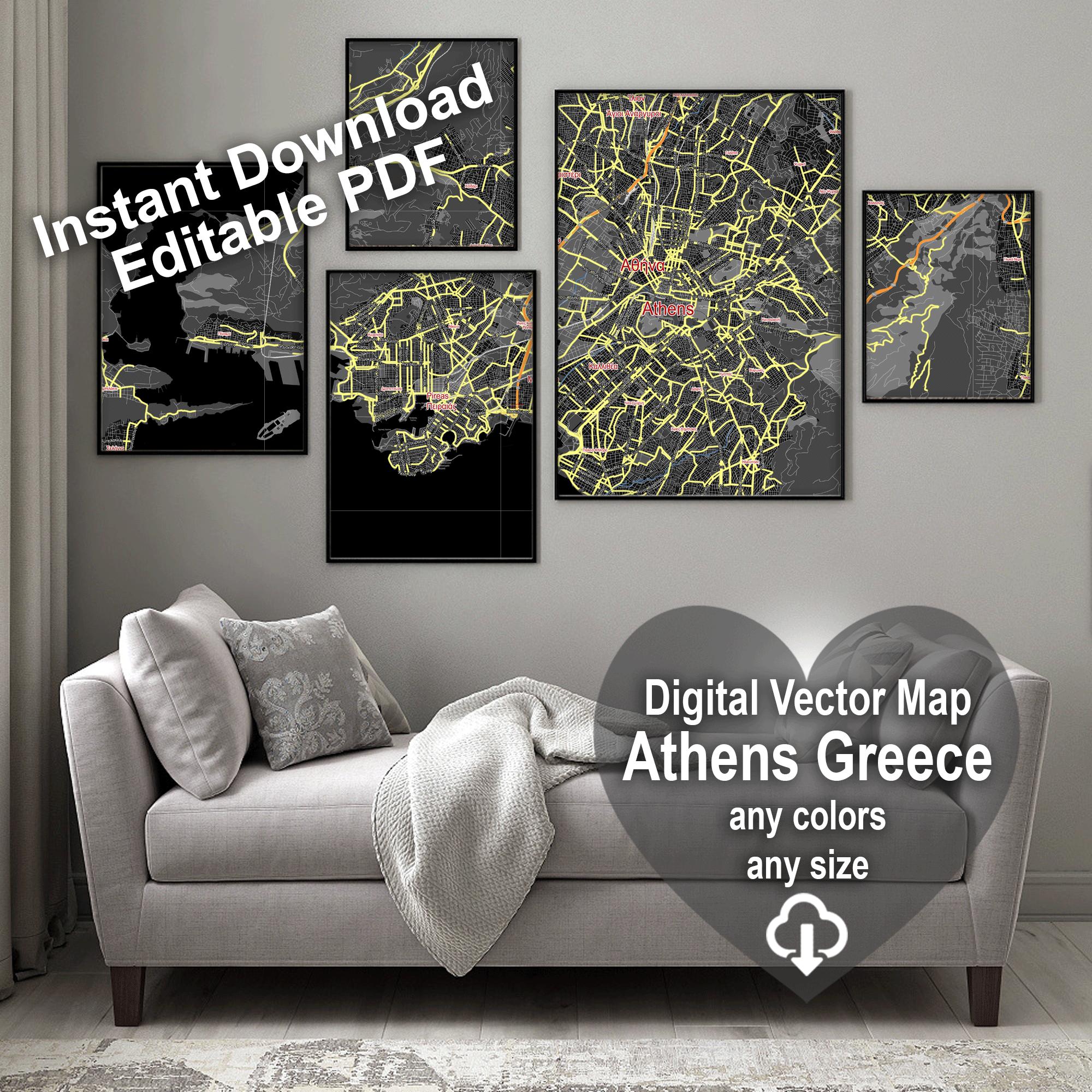 Athens Greece printable editable PDF layered Vector Map BW – Maps in ...
