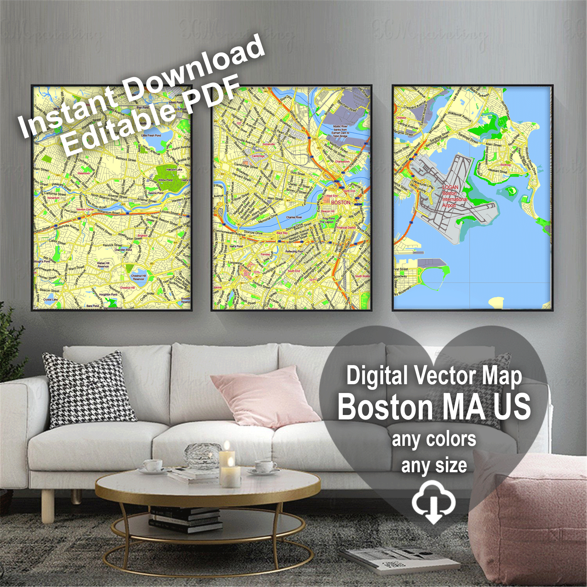 Boston Massachusetts US (crop) printable editable layered Vector Map ...