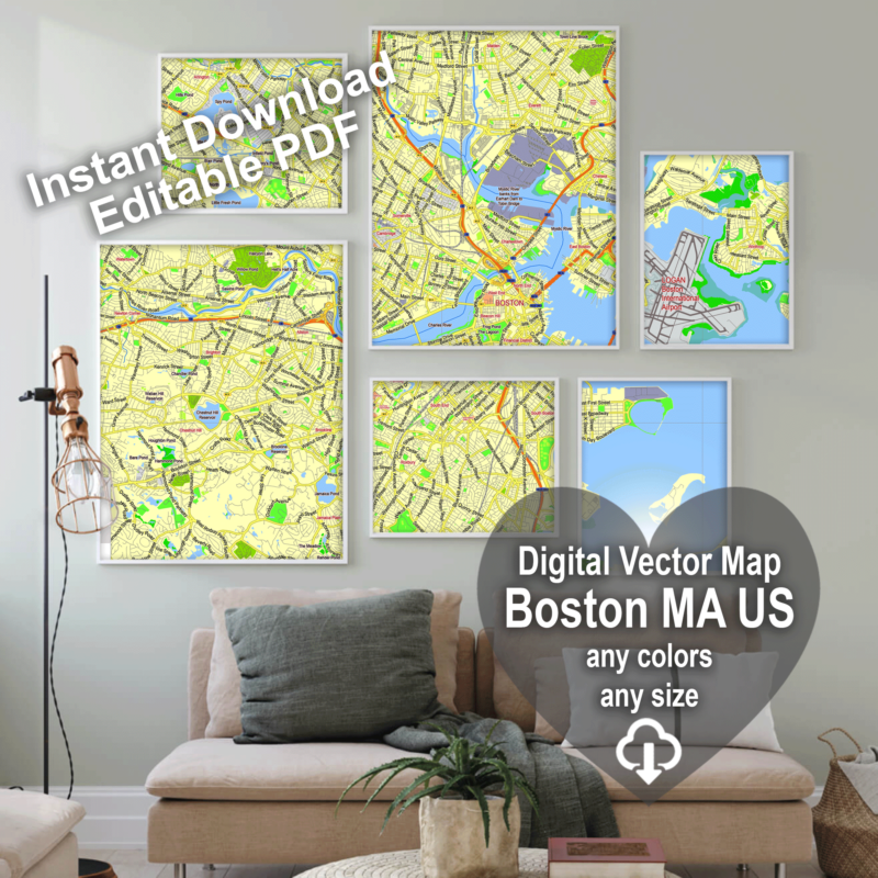 Boston Massachusetts US (crop) printable editable layered Vector Map ...