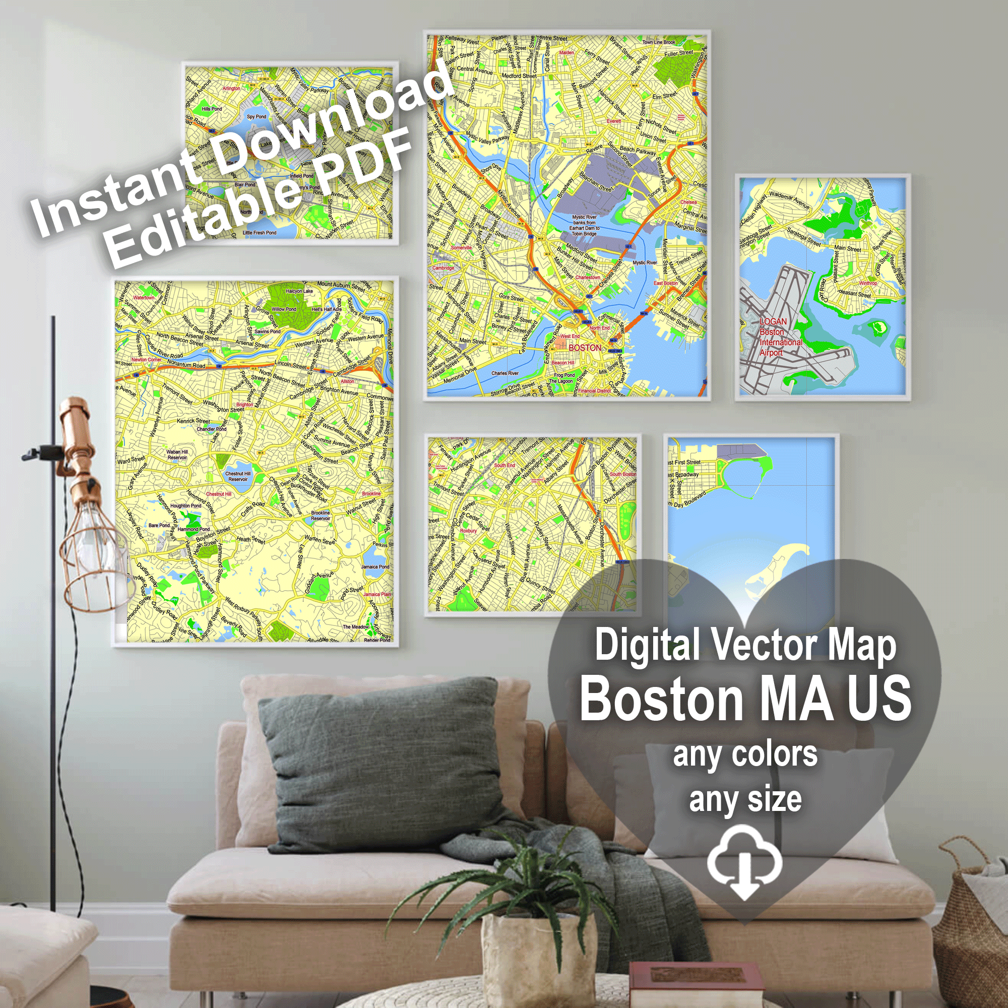 Boston Massachusetts US (crop) printable editable layered Vector Map ...
