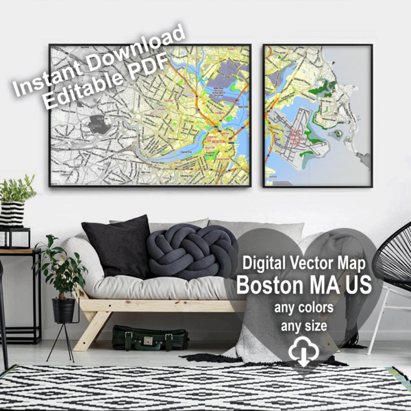 Boston Massachusetts US (crop) printable editable layered Vector Map ...