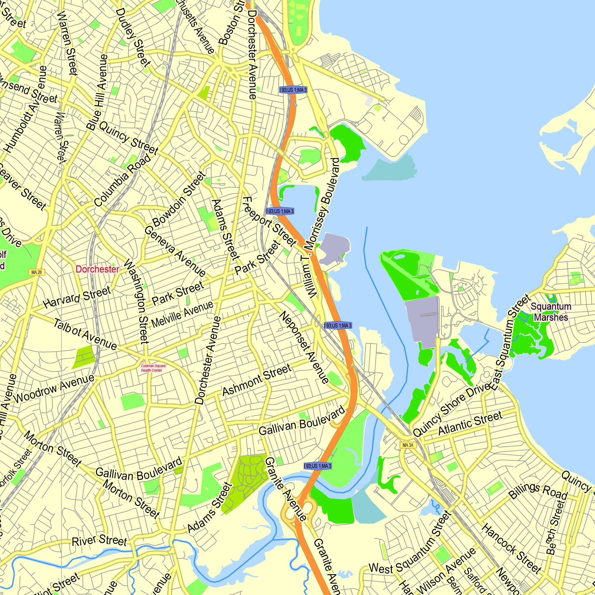 Boston Massachusetts US (crop) printable editable layered Vector Map